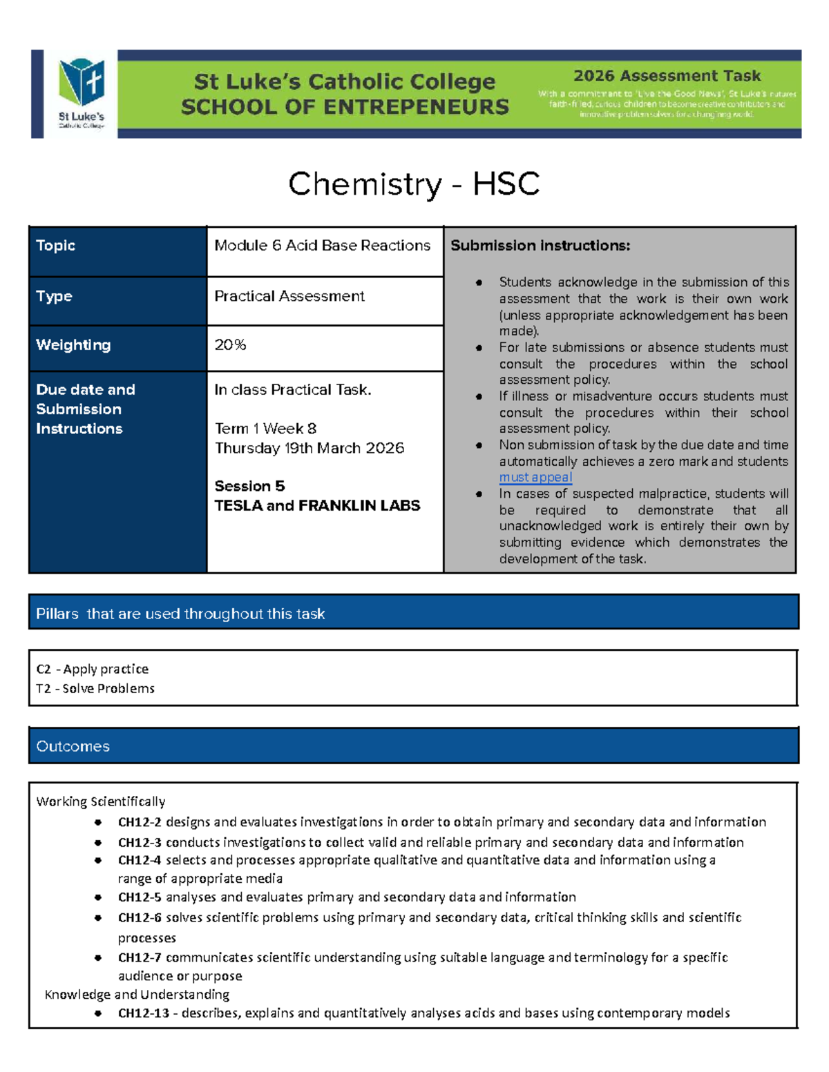 2026 Year 12 Chemistry HSC AT2: Acid-Base Practical Assessment - Studocu