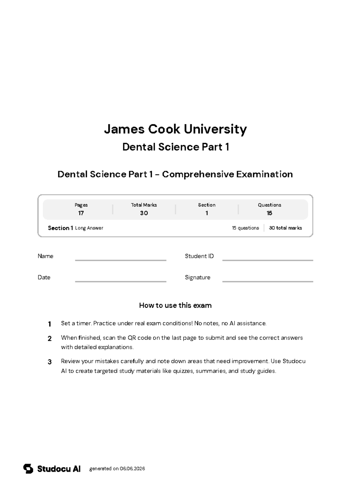 Dental Science Part 1 - Comprehensive Examination - Studocu