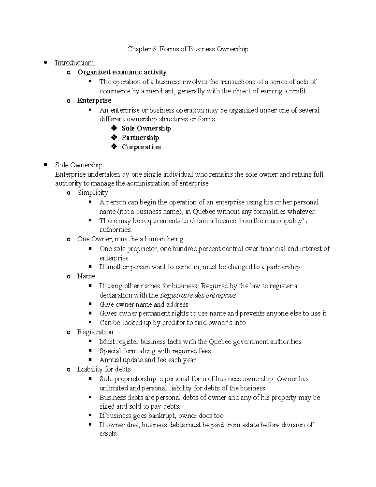 Chapter 6 - Business Ownership Structures: Notes from Text & Slides ...