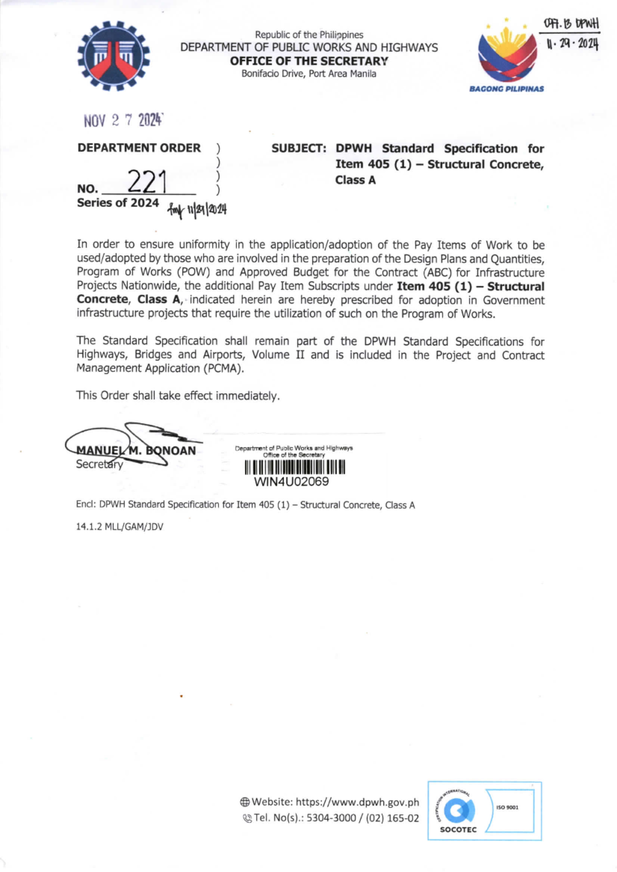Do 221 S2024 DPWH Specs for Item 405(1) - Class A Structural Concrete ...