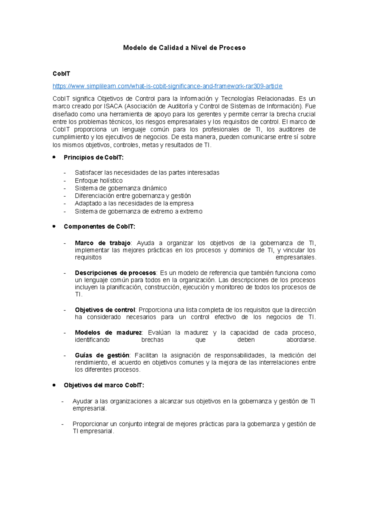Modelos de CobIT para la Gobernanza de TI en Procesos - Studocu