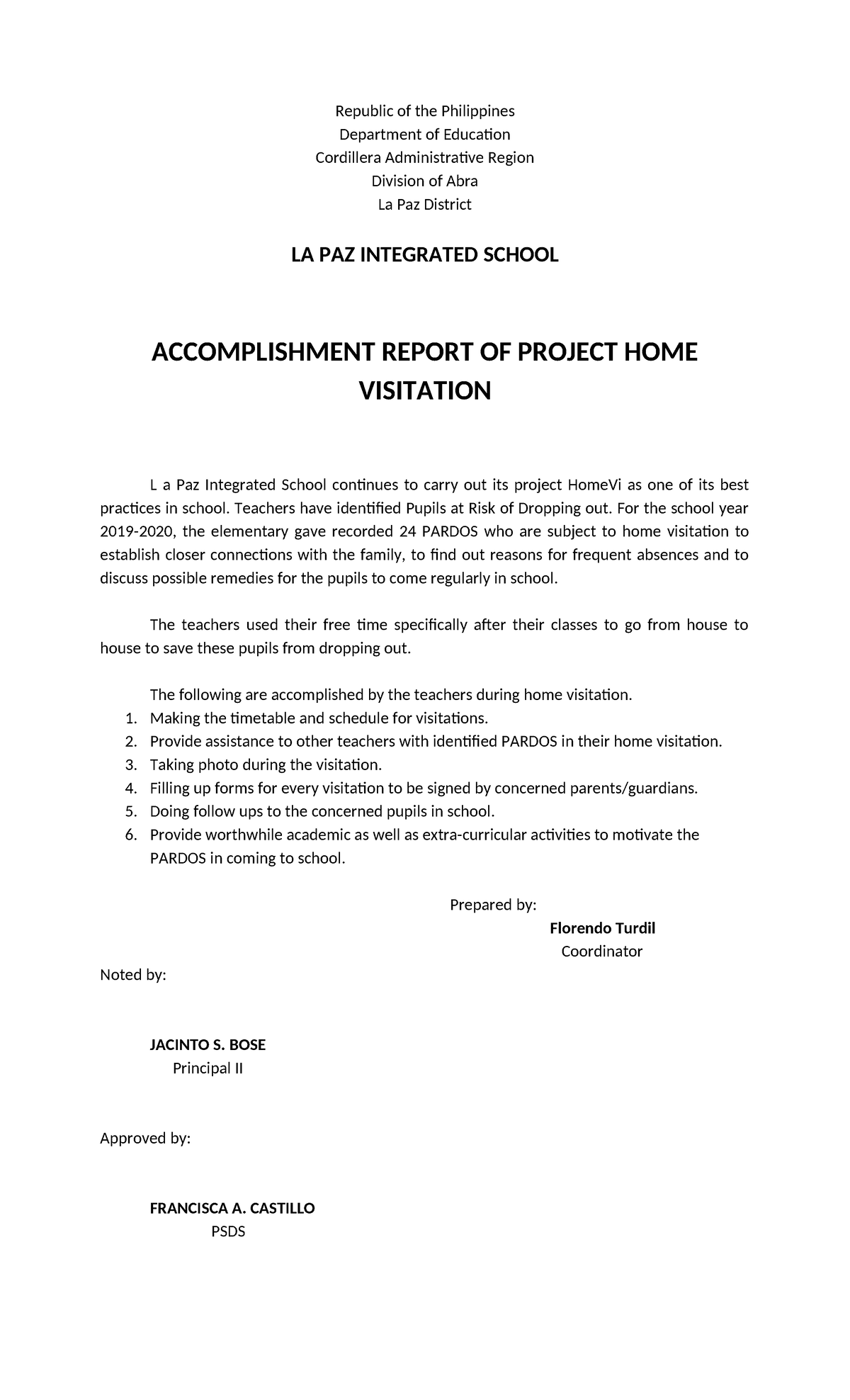 SBM Accomplishment Report: Home Visitation in Philippine History - Studocu