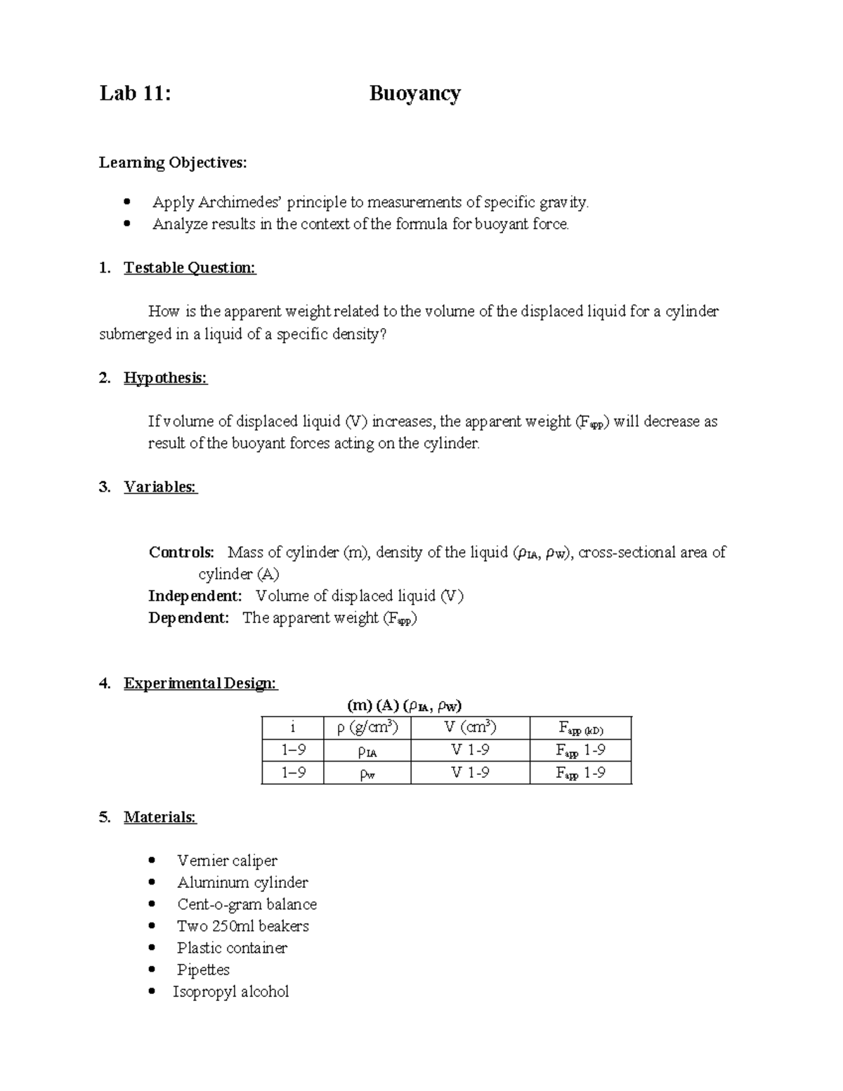Buoyancy Lab - For Murad Qubbaj's class - Lab 11: Buoyancy Learning ...