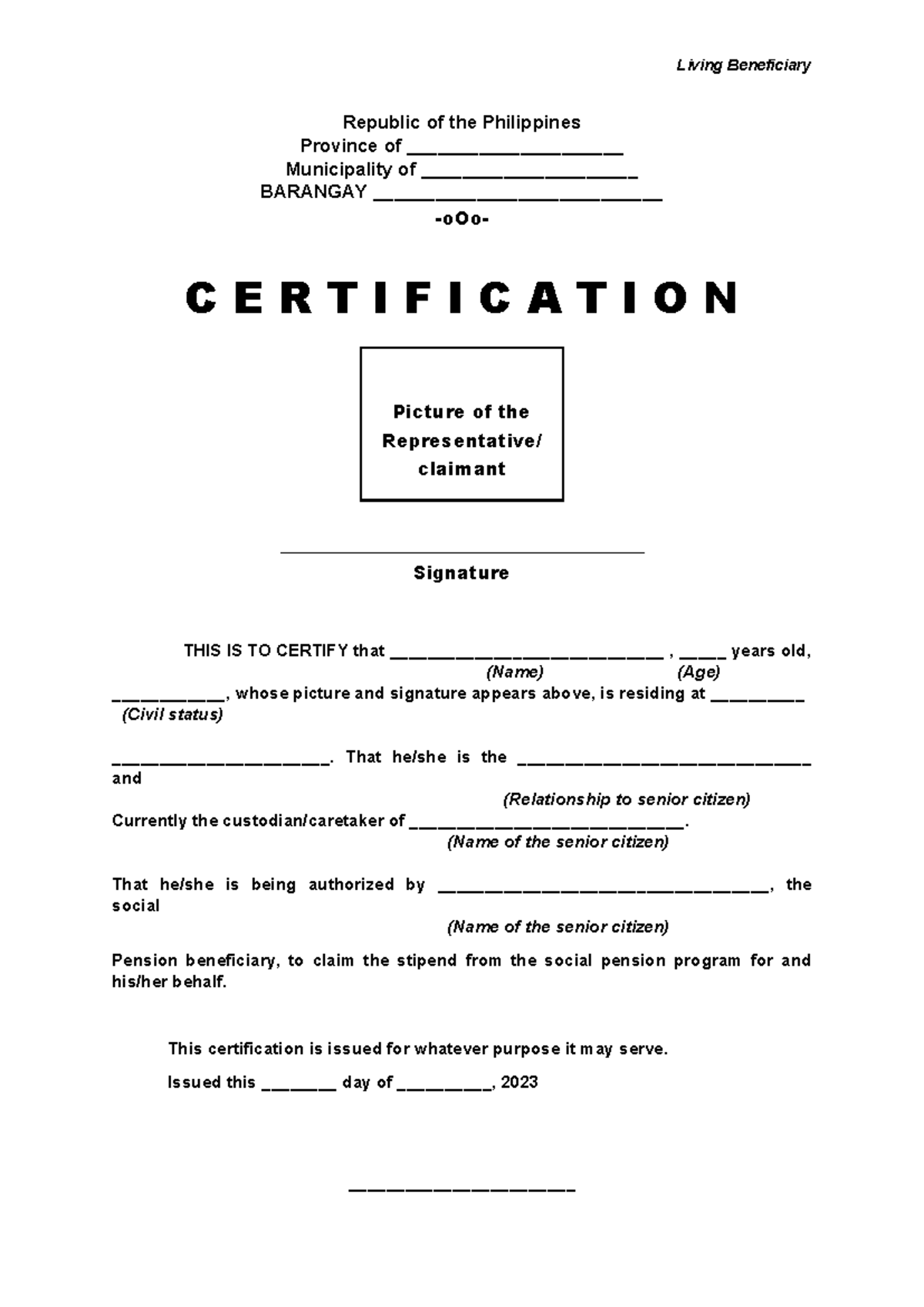Certification - sdadas - Living Beneficiary Republic of the Philippines Province of - Studocu