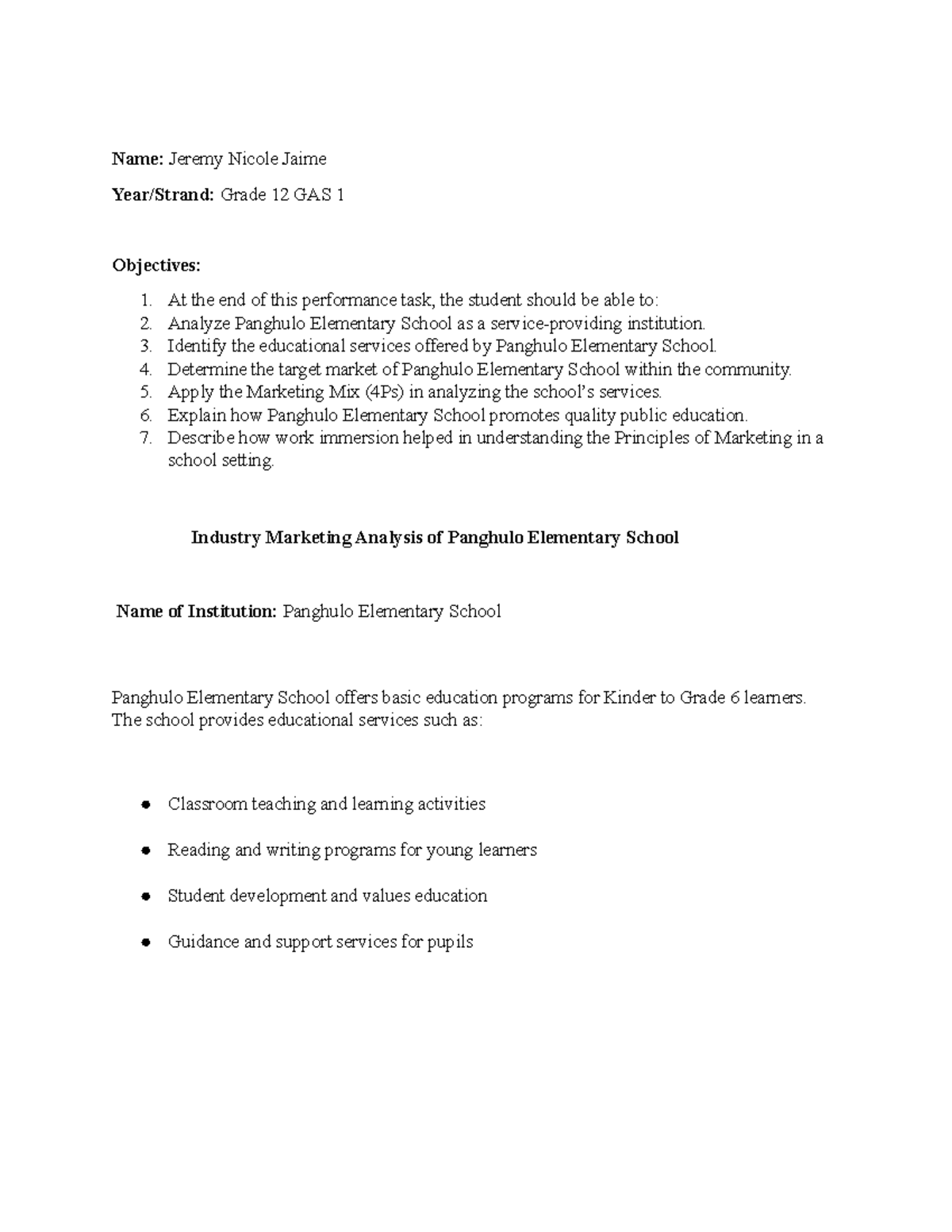 Performance Task in Principles of Marketing: Panghulo Elementary School ...