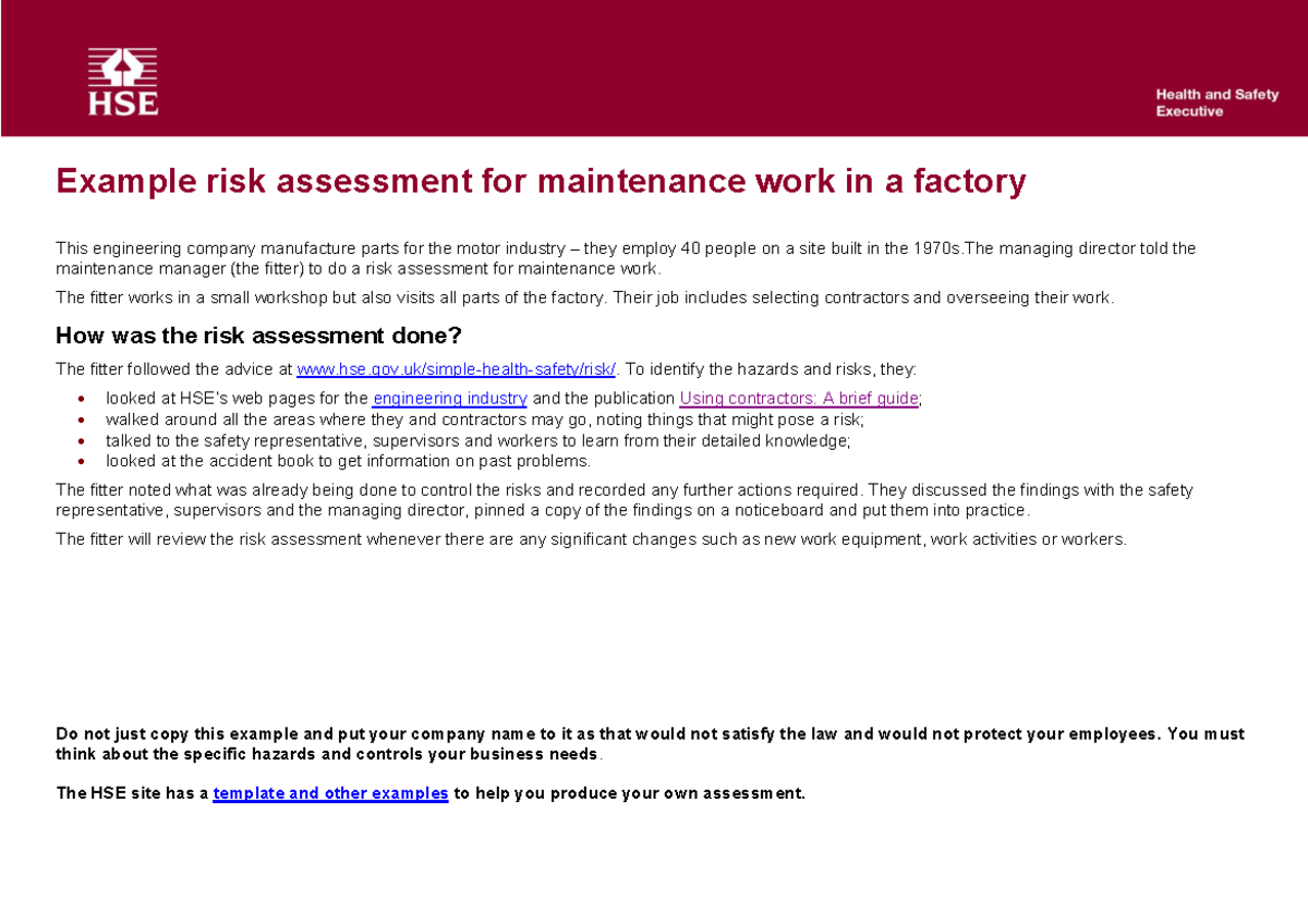 Maintenance Work in a Factory - Example risk assessment for maintenance ...