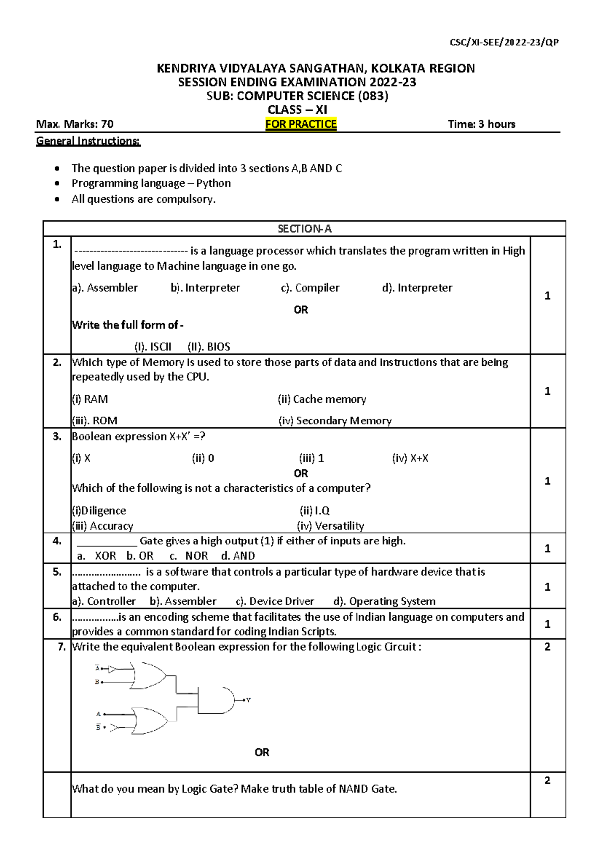 11-CS - Class XI Computer Science Practice Exam Paper 2022 - Studocu