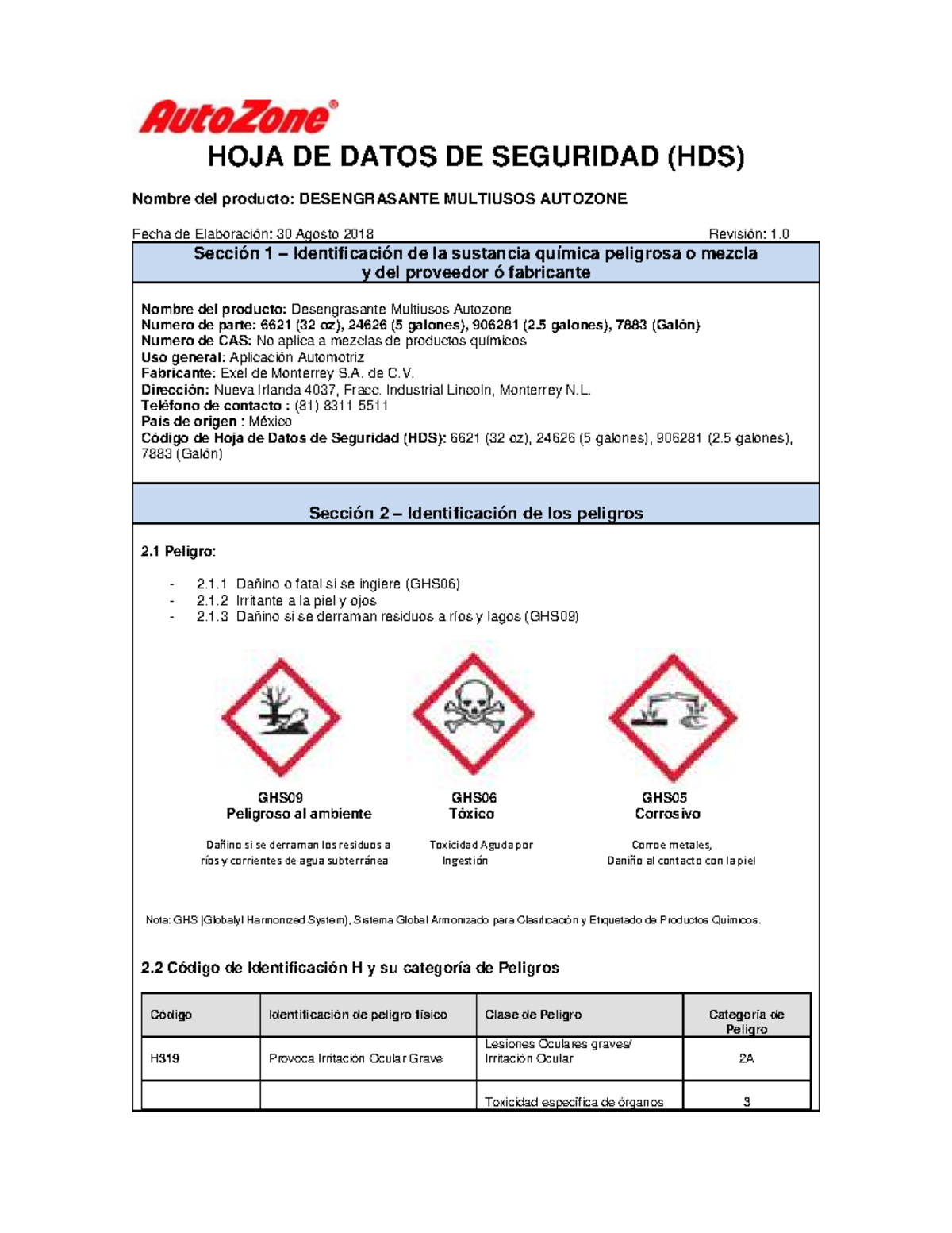 906281 - Desengrasante multiusos Autozone - HOJA DE DATOS DE SEGURIDAD (HDS) Nombre del producto ...
