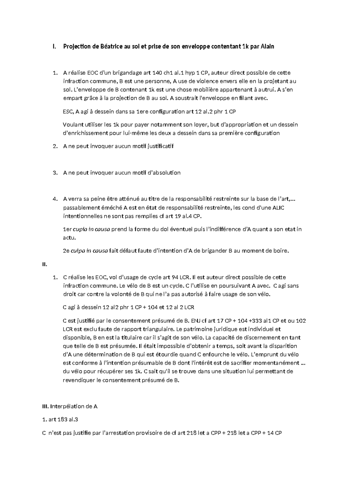 Correction CC Janv 2024: Analyse des Infractions et Responsabilités ...