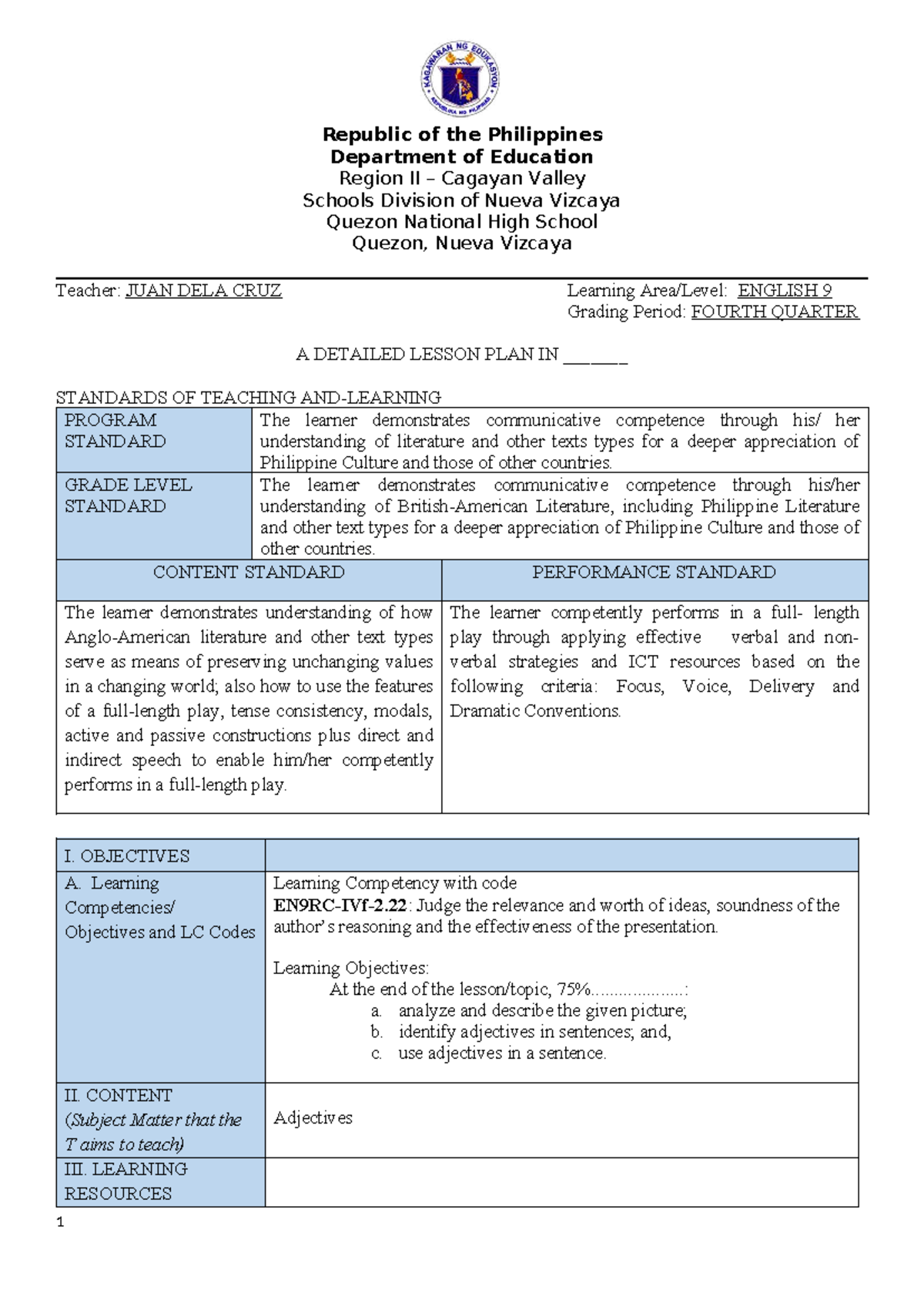 Detailed Lesson Plan for English 9 (Fourth Quarter) - Studocu