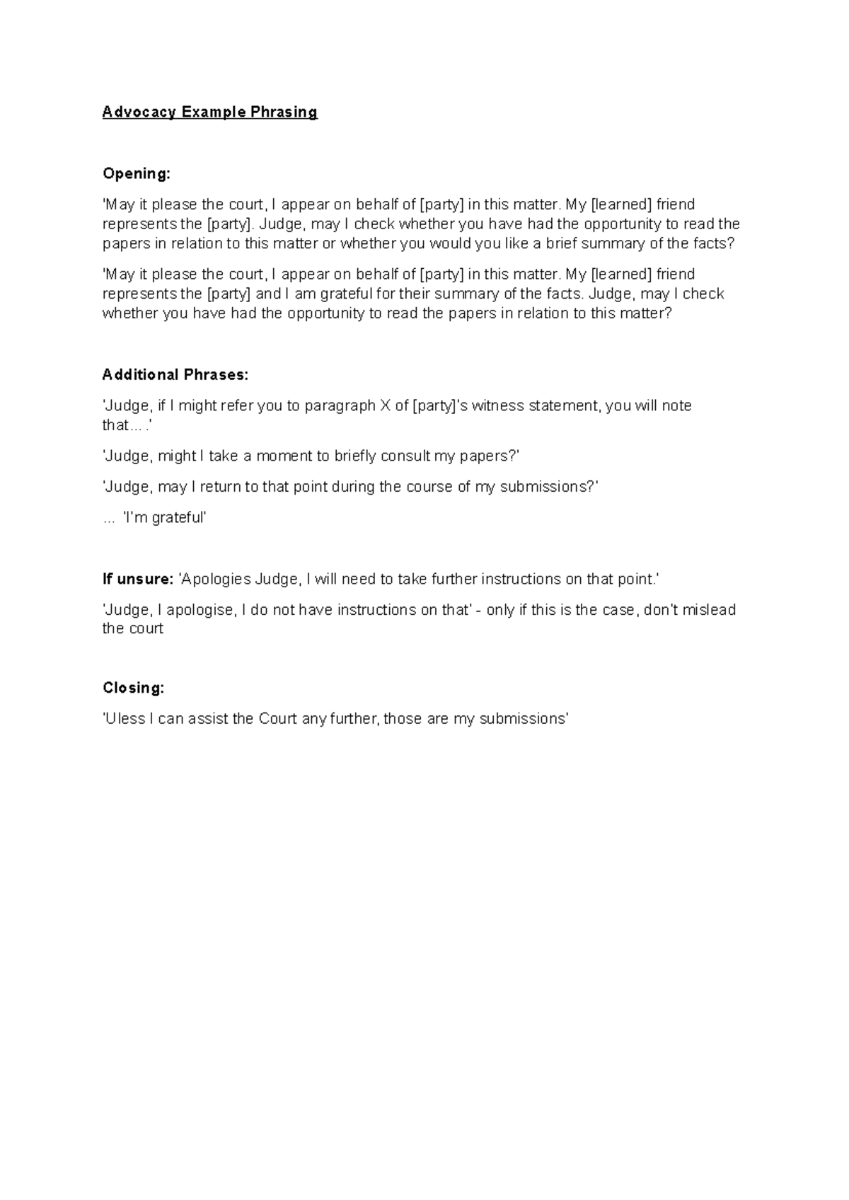 Advocacy Example Phrases for Court Proceedings - Studocu
