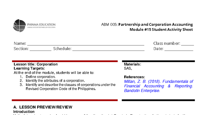 ABM 005: Lesson on Corporations - Key Concepts and Activities - Studocu