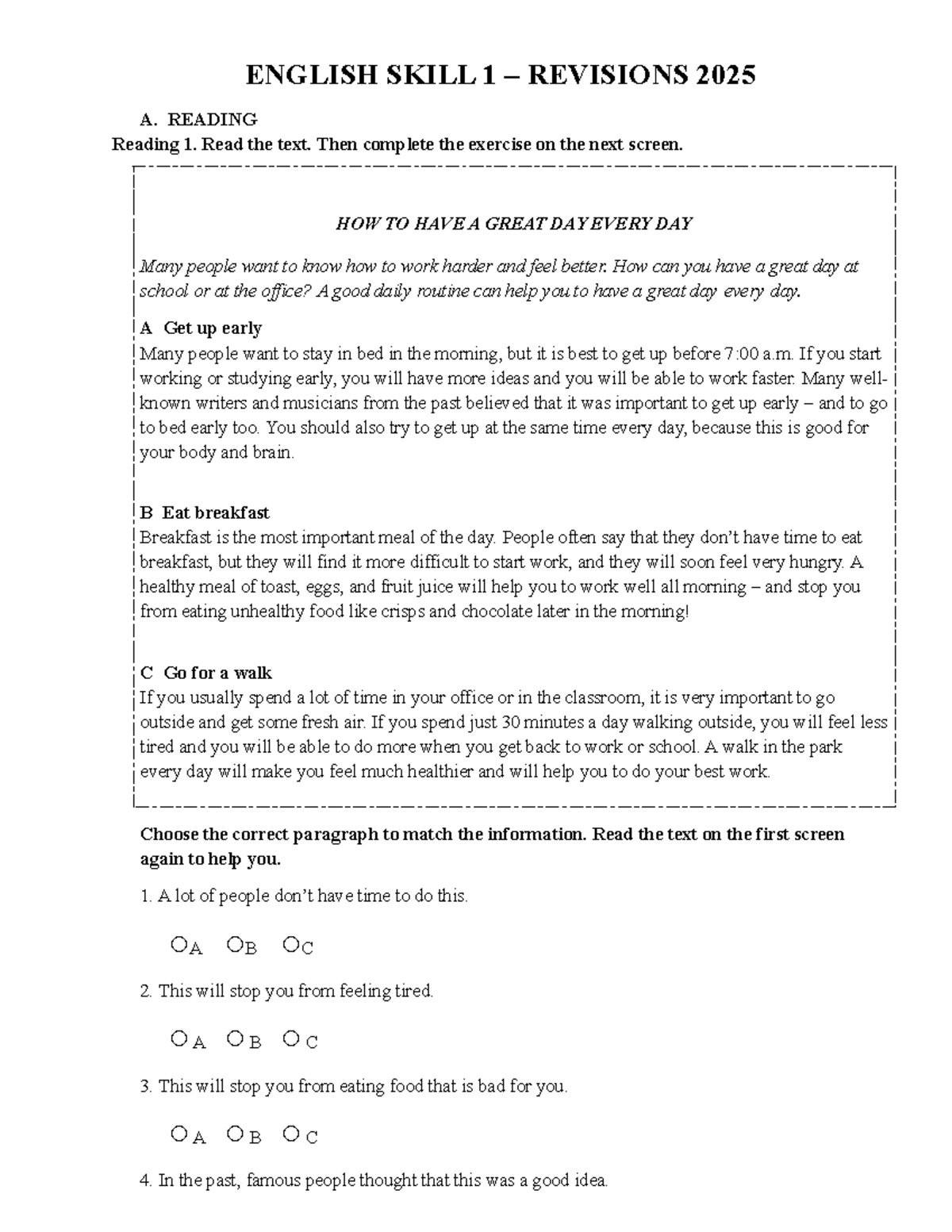 ENGLISH SKILL 1 REVISIONS 2025: READING STRATEGIES AND TIPS - Studocu