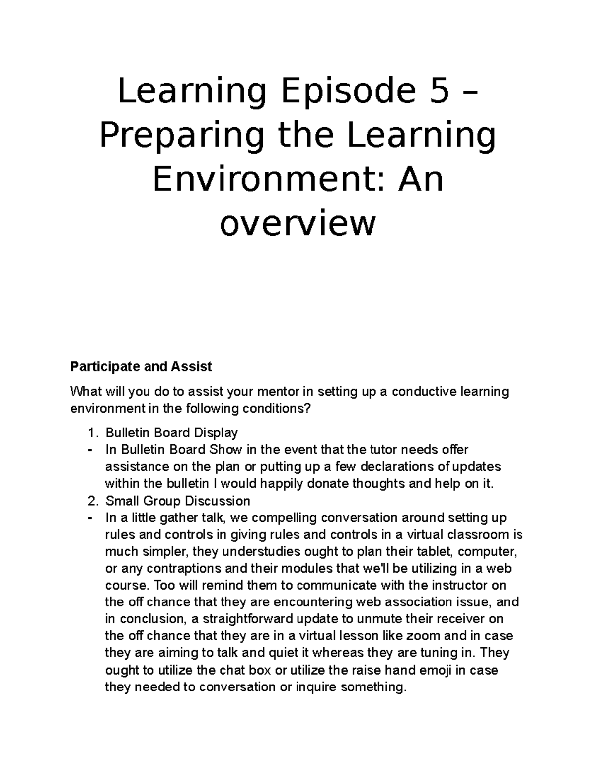 Field Study 2: Learning Episode 5 - Creating a Conducive Environment - Studocu