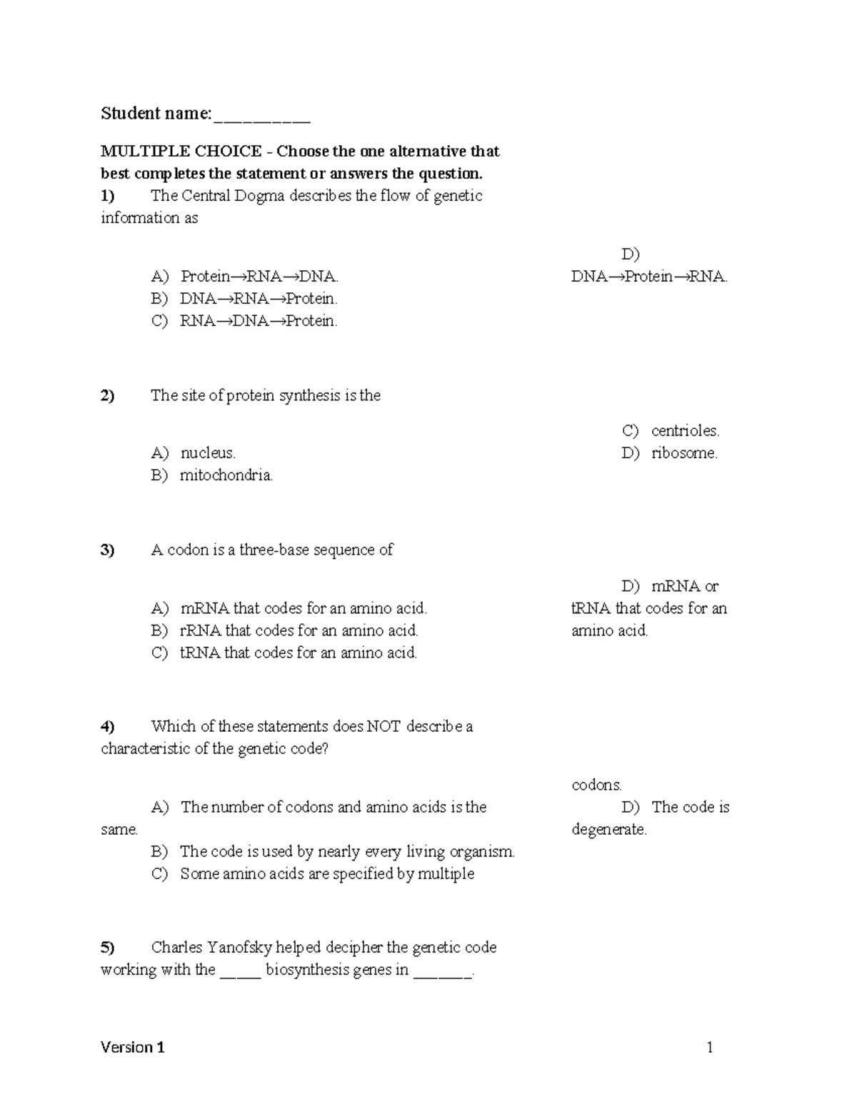 Genetics Test Bank: Multiple Choice Questions (Hartwell 9, Version 1 ...