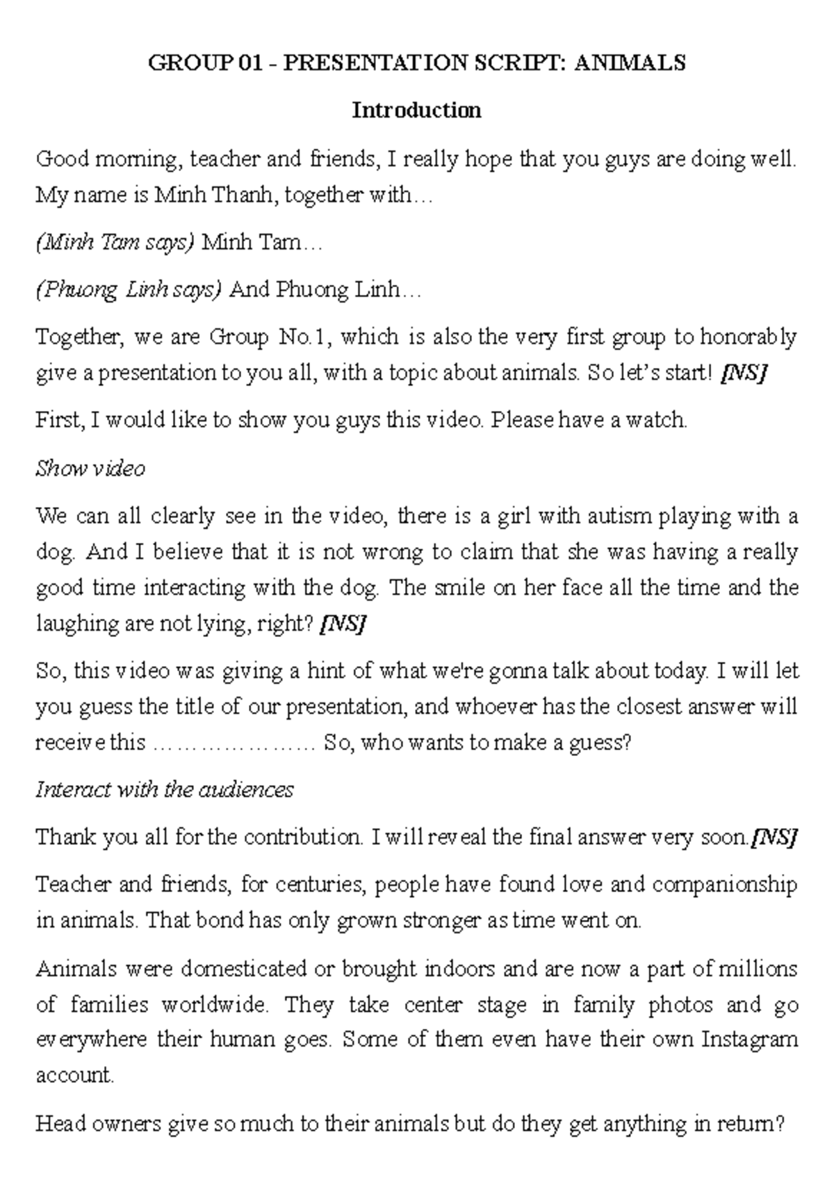 EAB121 - Group 1 Presentation Script: The Healing Power of Animals ...