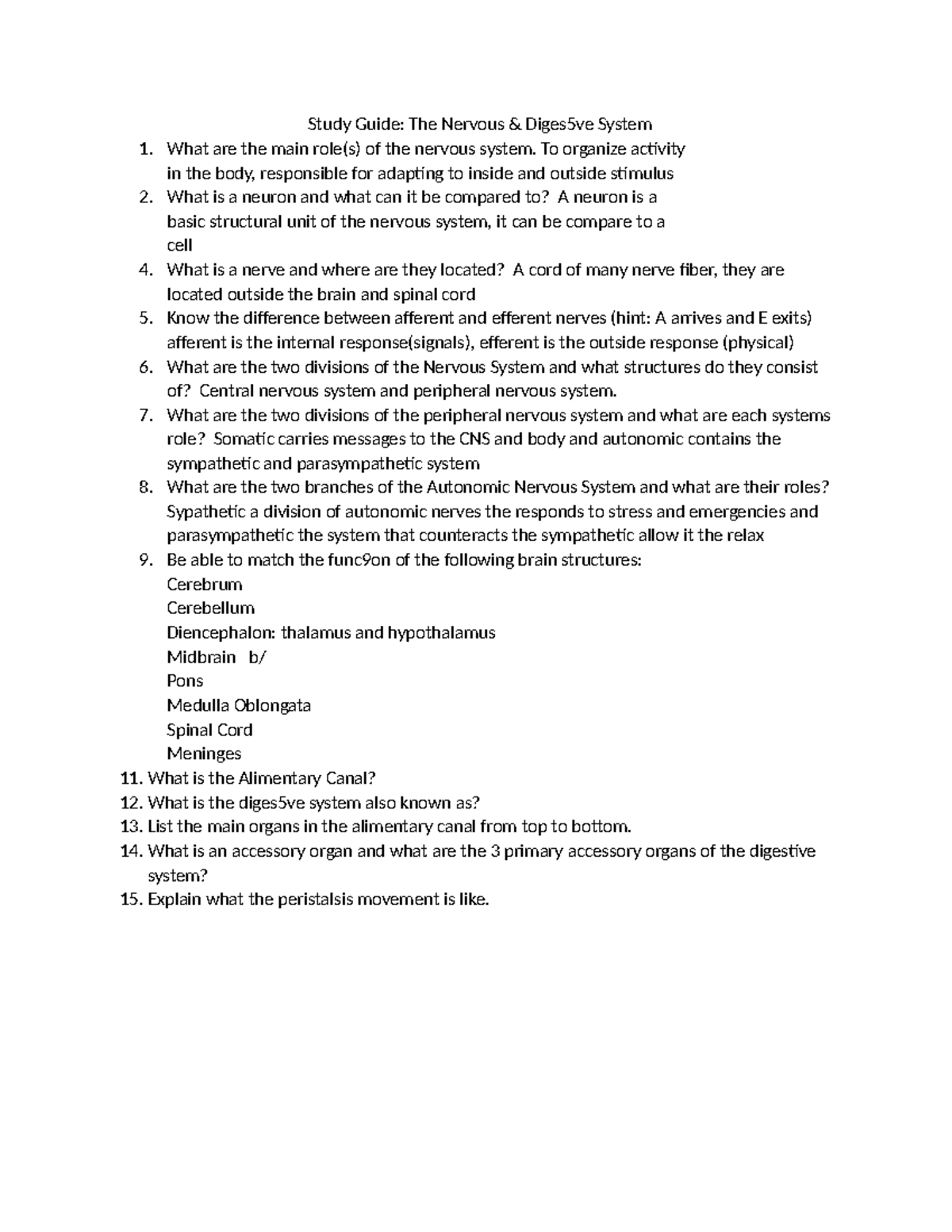 Study Guide: Nervous & Digestive System (BIO 101) - Studocu
