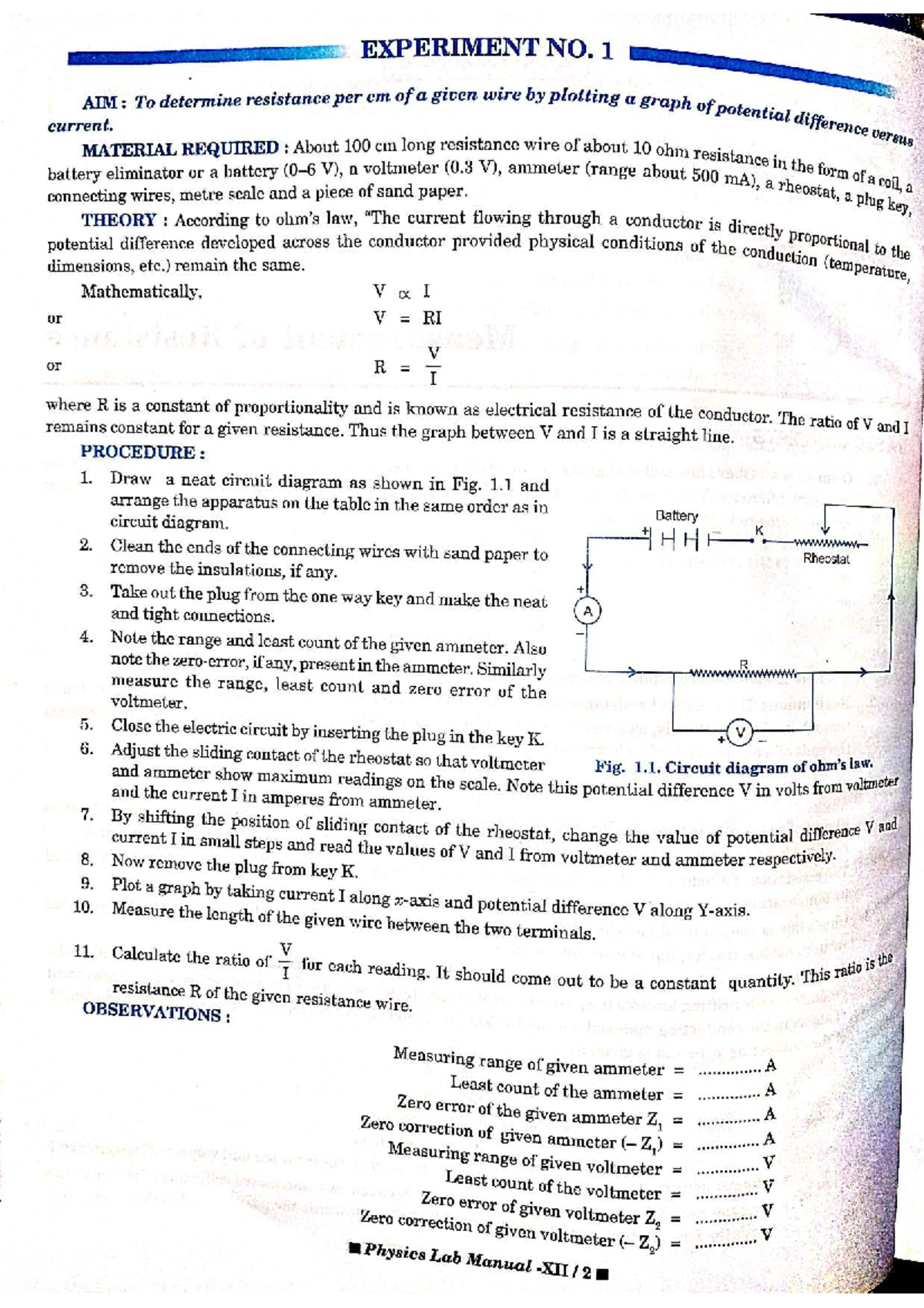 Physics Lab Manual: Experiment No. 1 - Determining Resistance Using a ...