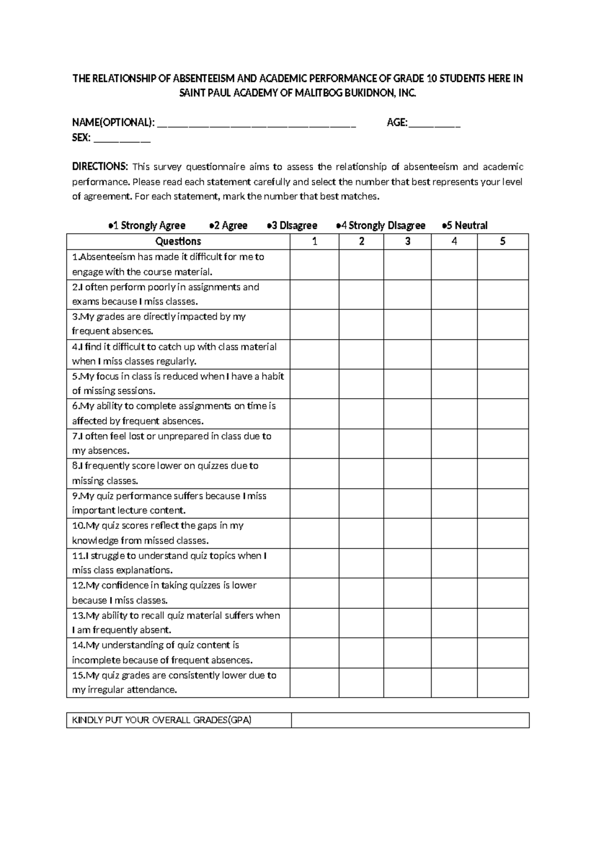 Absenteeism & Academic Performance Survey - Grade 10 - SPA-101 - Studocu