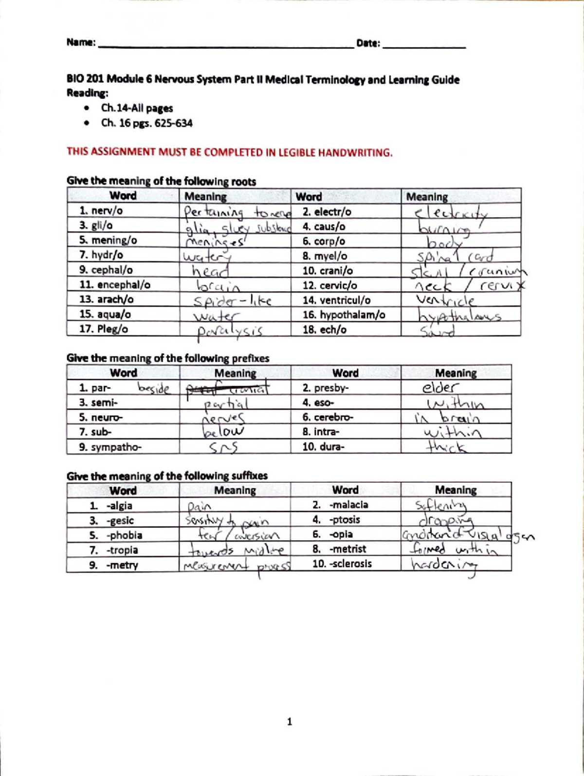 BIO 201 Module 6 Medical Terminology: Nervous System Guide - Studocu