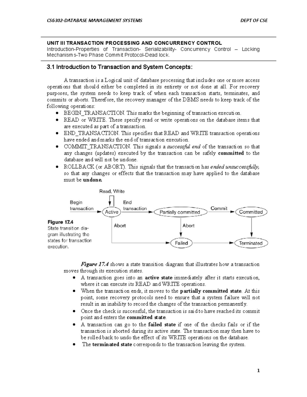 Unit 4: Transaction Processing & Concurrency Control in CSE Management Systems - Studocu