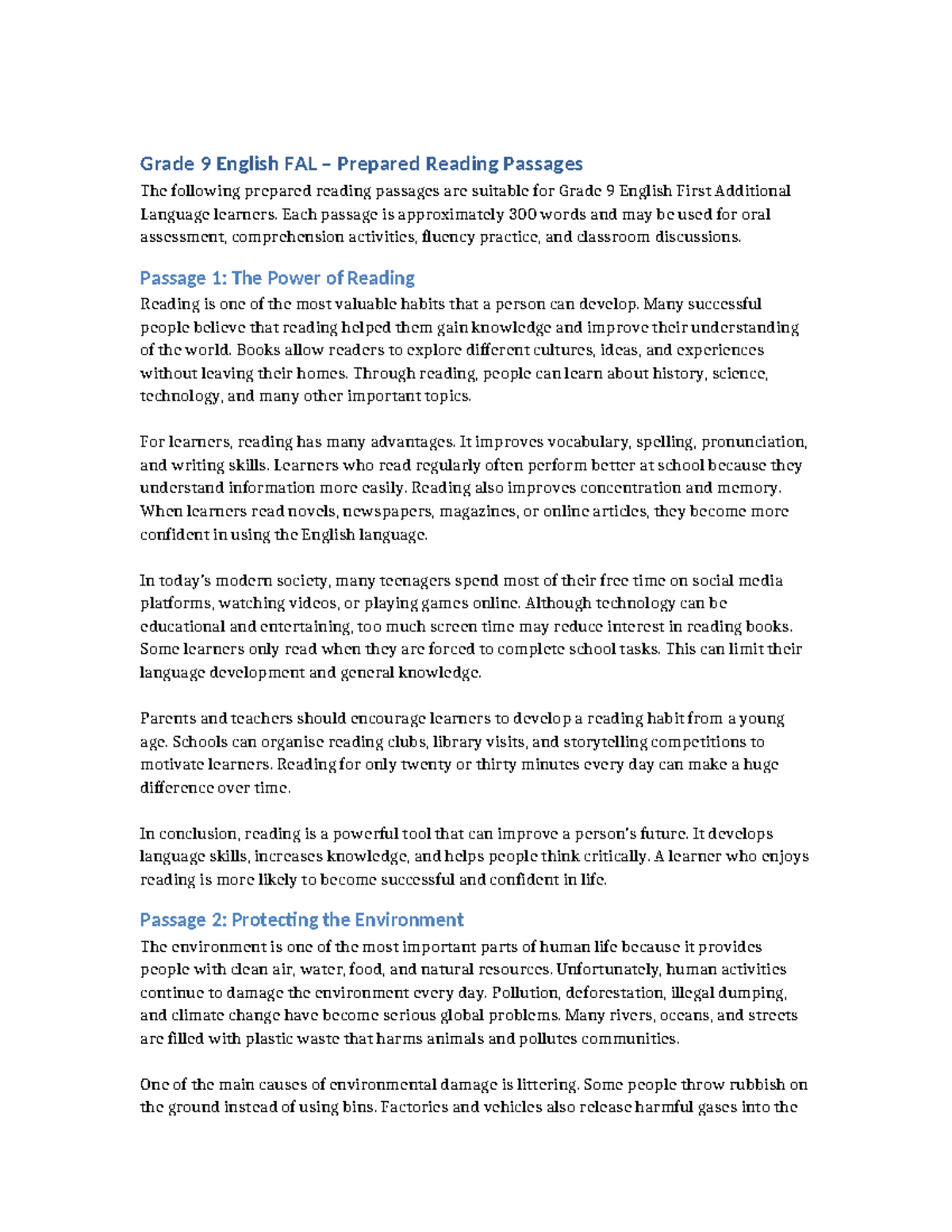 Grade 9 English FAL 300-Word Reading Passages for Learners - Studocu