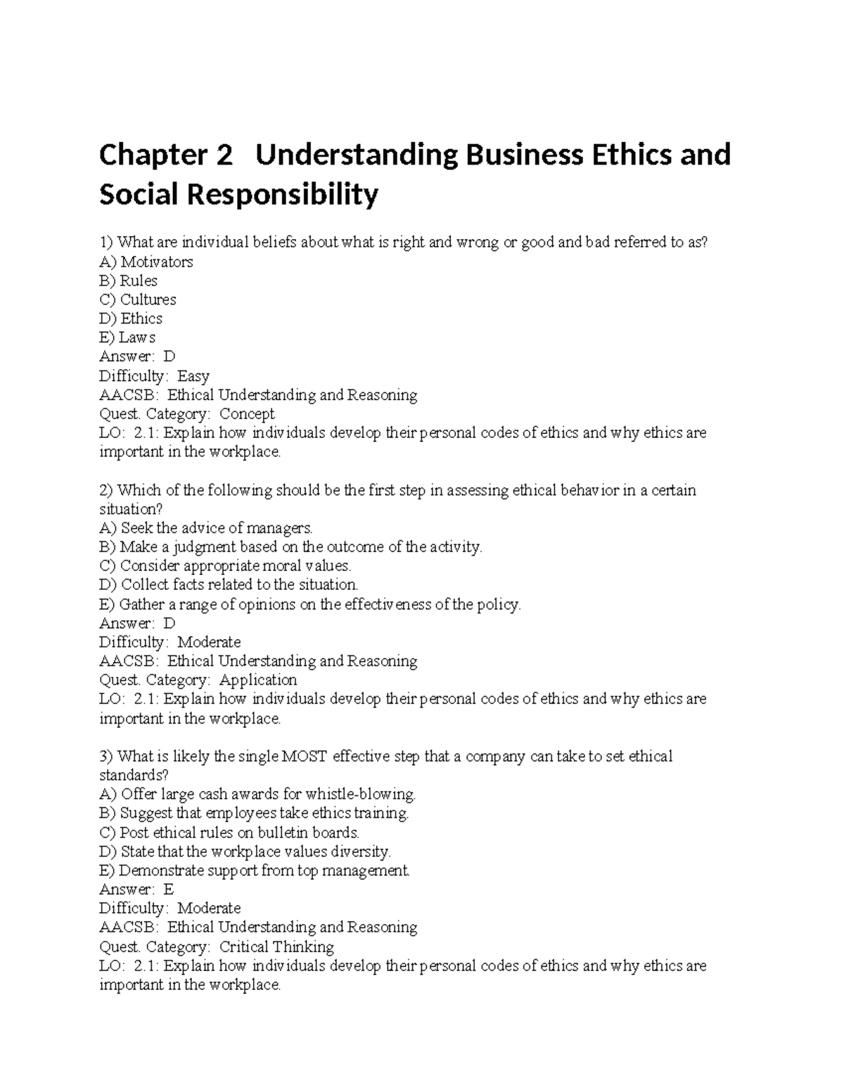 Chapter 2: Business Ethics & Social Responsibility - Quiz Answers (BUS ...