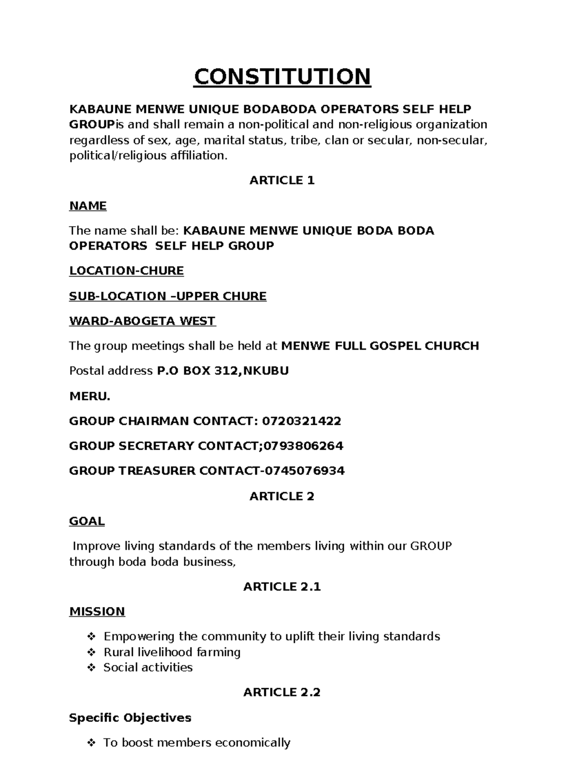 KABAUNE MENWE UNIQUE BODABODA OPERATORS SELF HELP GROUP Constitution - ESSI 2 - Studocu