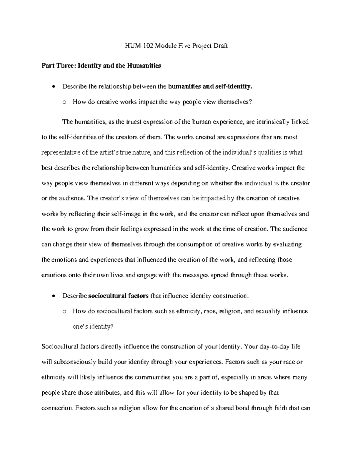 HUM 102 Module Five Project Draft: Identity & the Humanities - Studocu