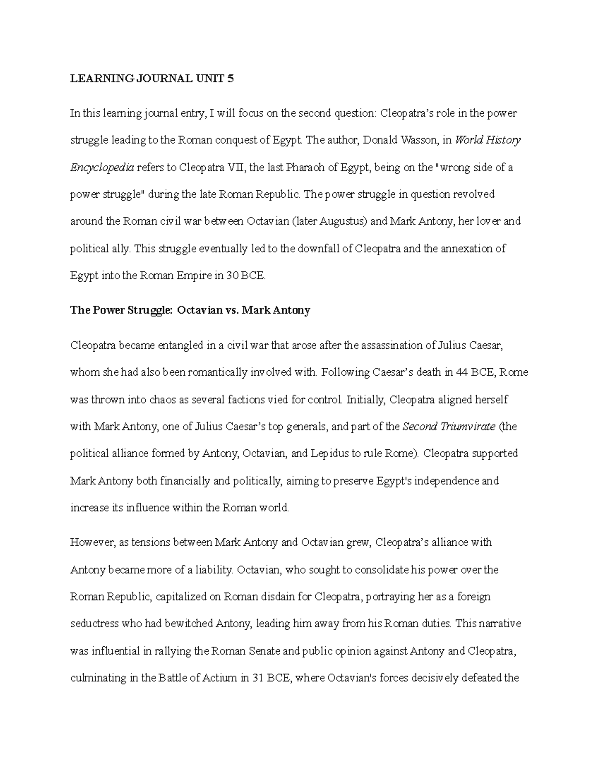 Learning Journal Unit 5: Cleopatra's Role in the Roman Power Struggle ...