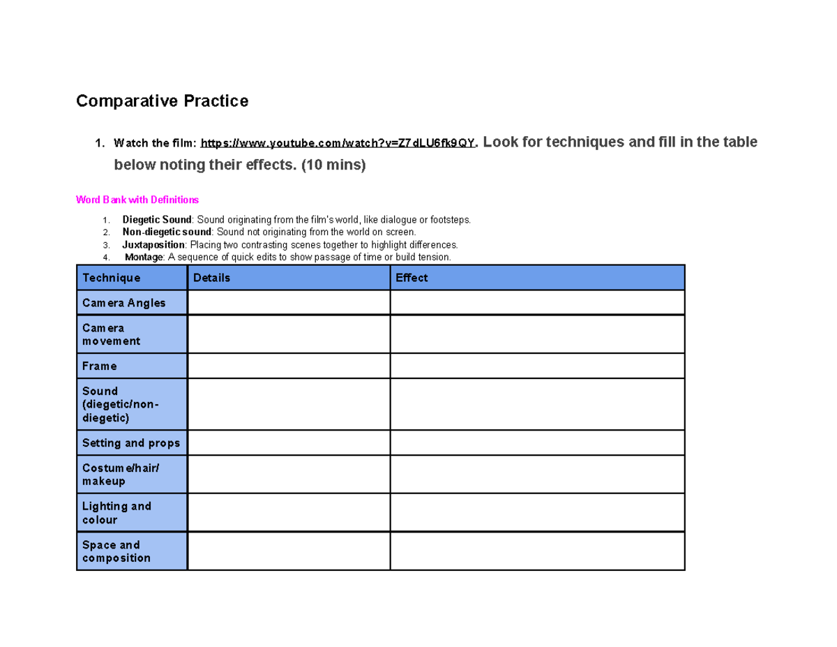Comparative Practice 1: Film Techniques & Literary Analysis - English ...