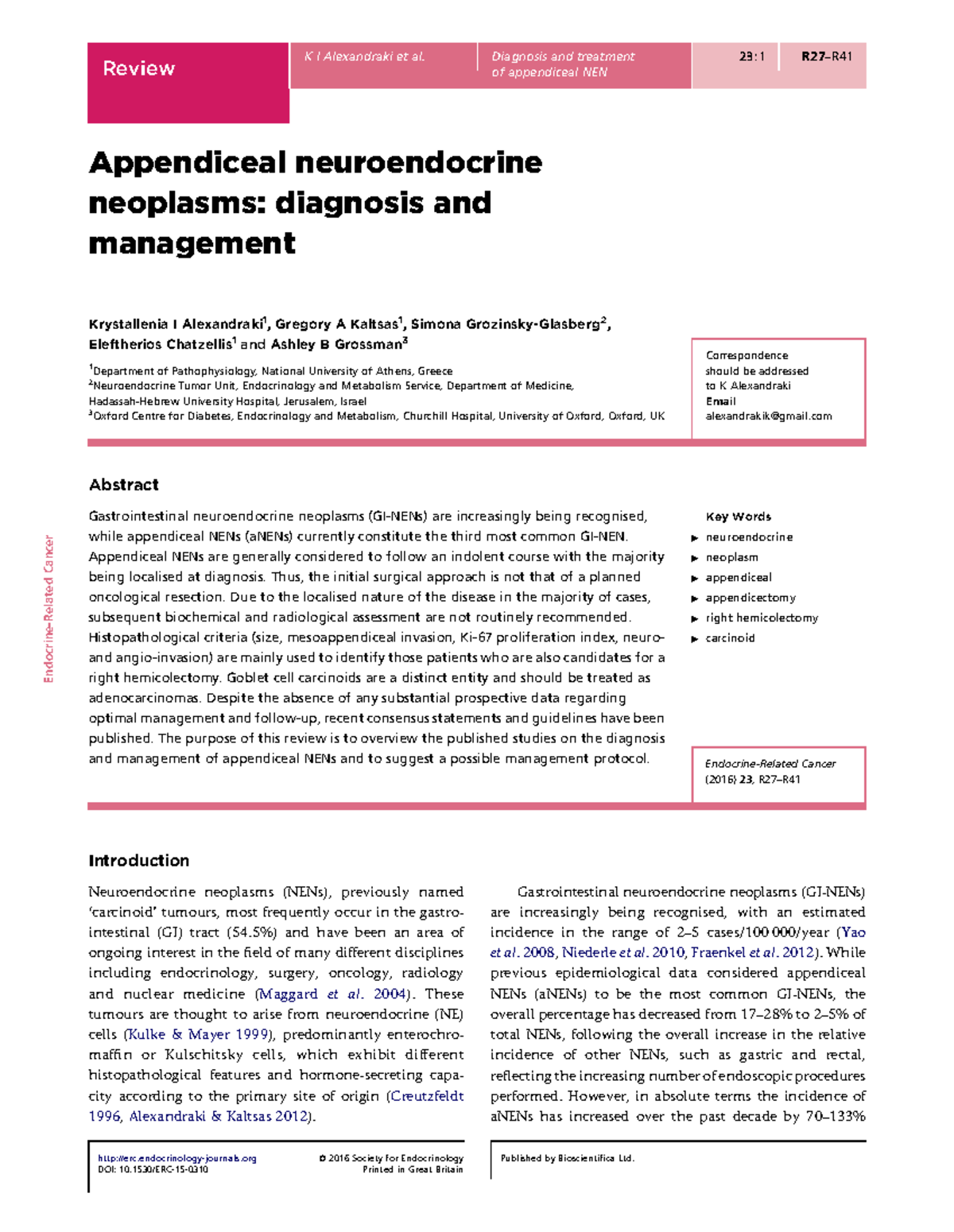 Diagnosis and Management of Appendiceal NENs: Alexandraki et al. 2016 ...