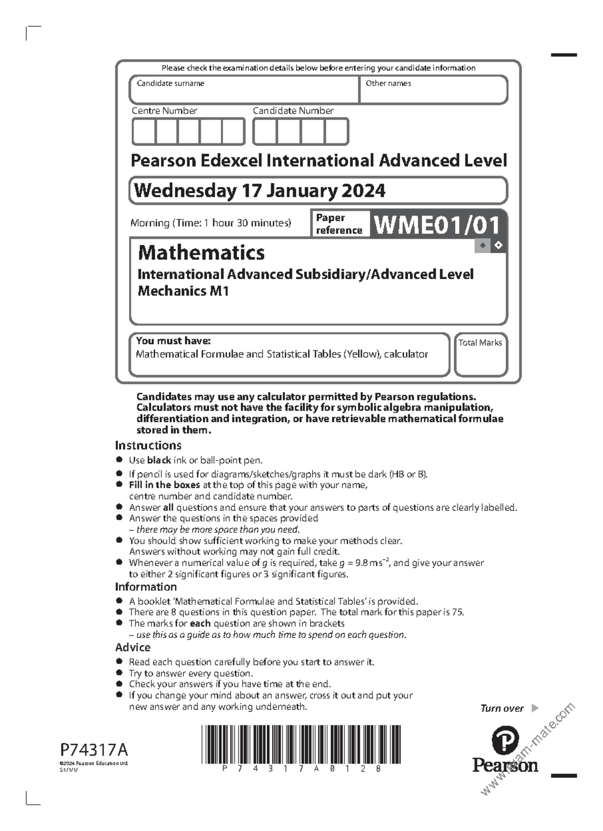 WME01 01 Exam Paper - Mathematics Mechanics M1 (Jan 2024) - Studocu