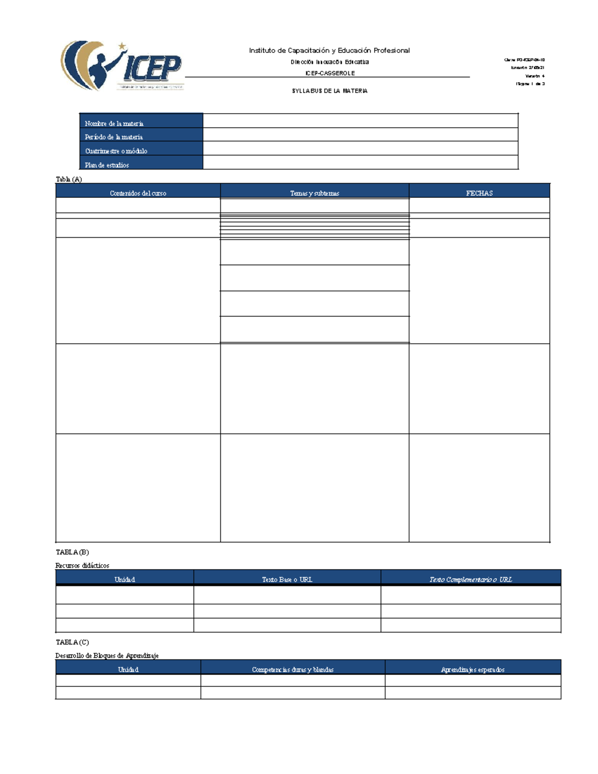 Syllabus ICEP- Casserole - Instituto de Capacitación y Educación ...