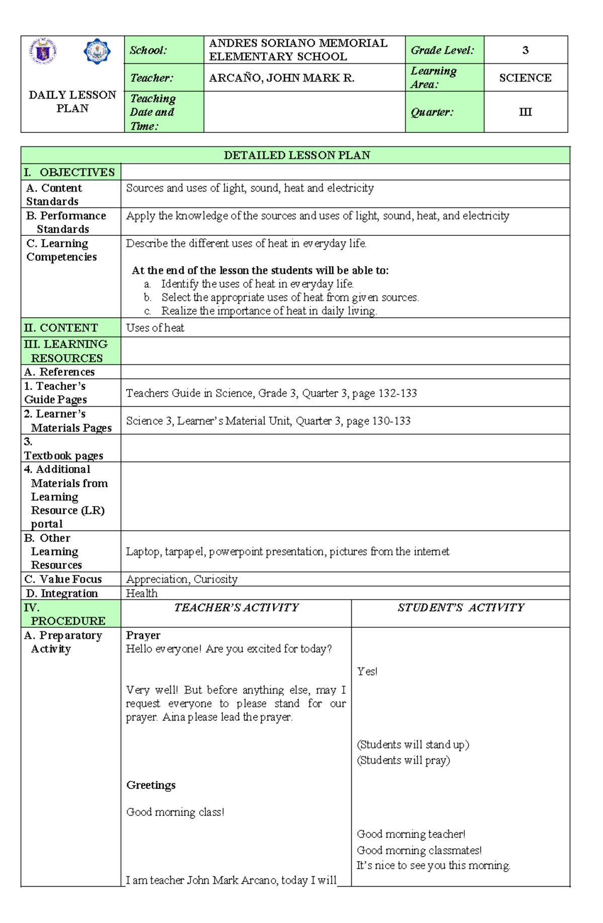 Grade 3 Science Lesson Plan: Uses of Heat (Quarter III) - Studocu