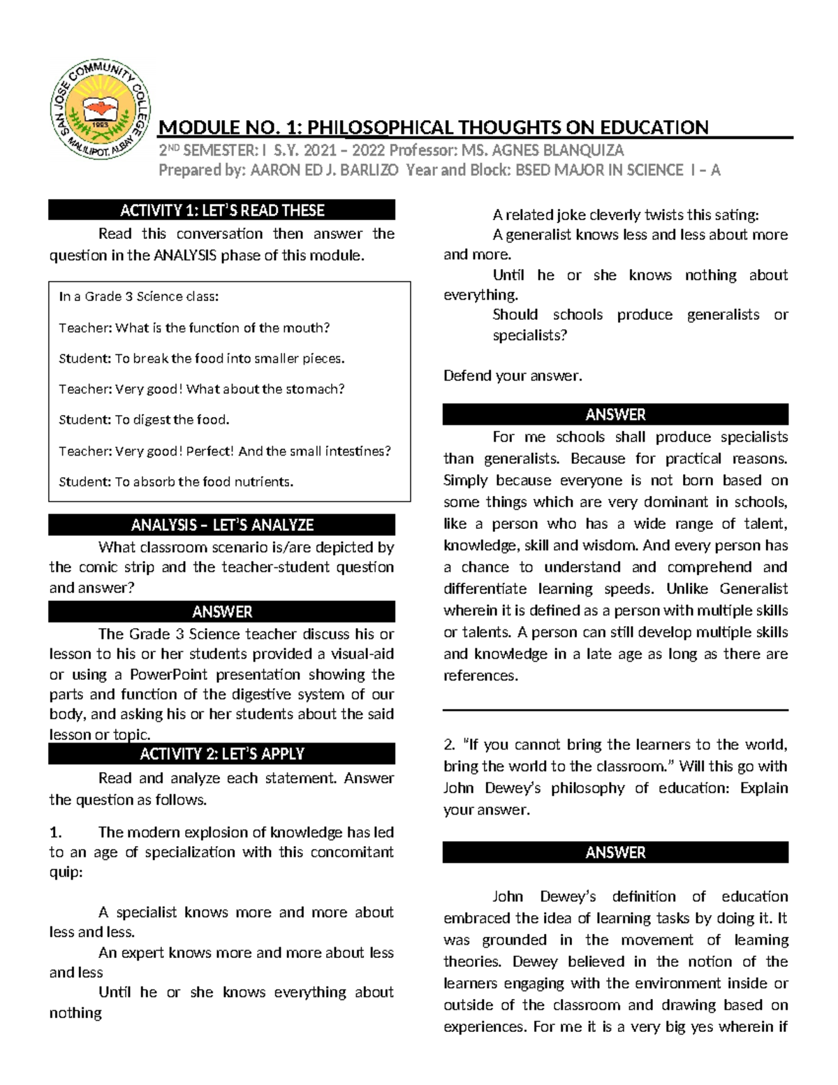 Prof Ed 3: Module 1 Activities - Analyzing Classroom Scenarios - Studocu