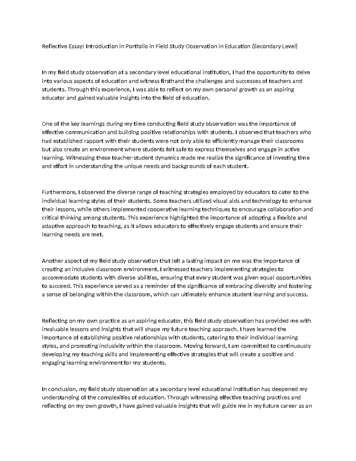 Reflective Essay: Portfolio Insights from Field Study Observation in Ed ...