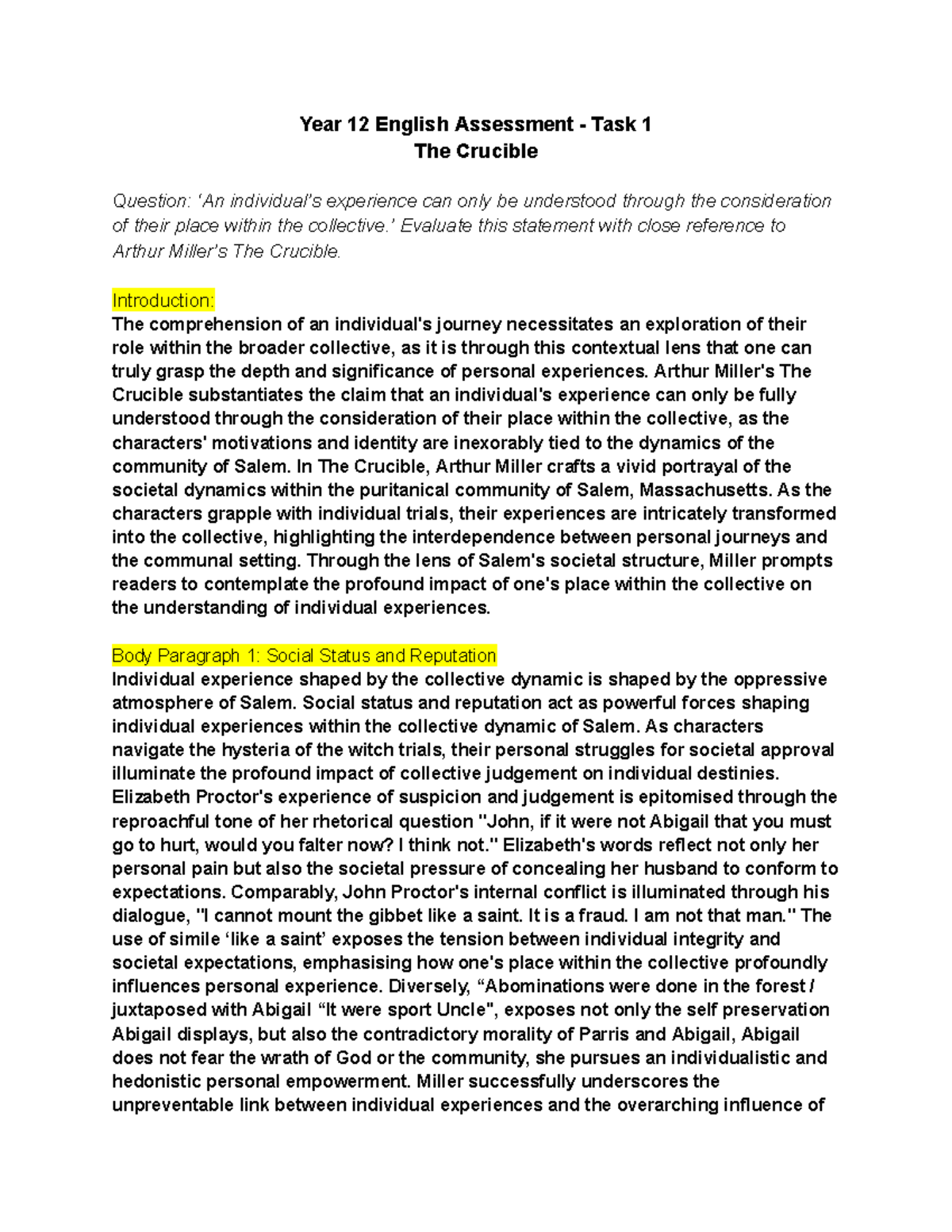 Year 12 English Standard - The Crucible Essay: Understanding Experience ...