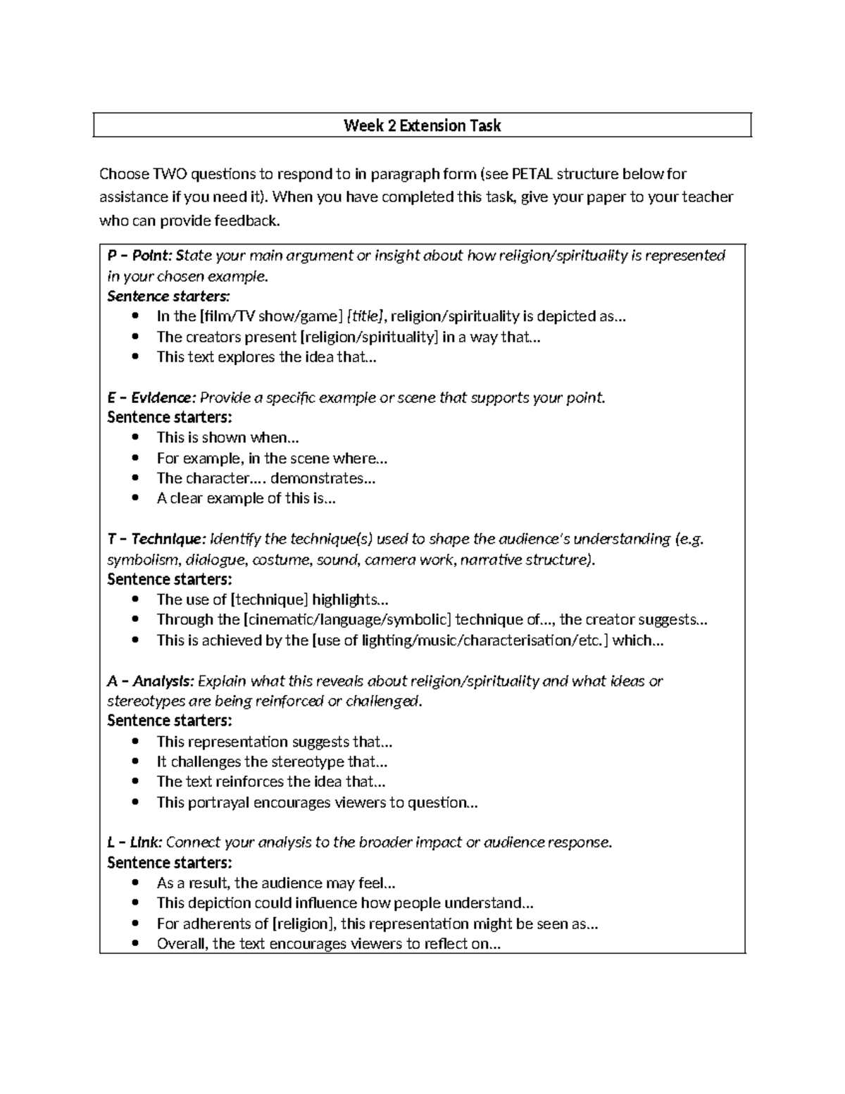 Week 2 Extension Task: PETAL Structure for Analysis Responses - Studocu