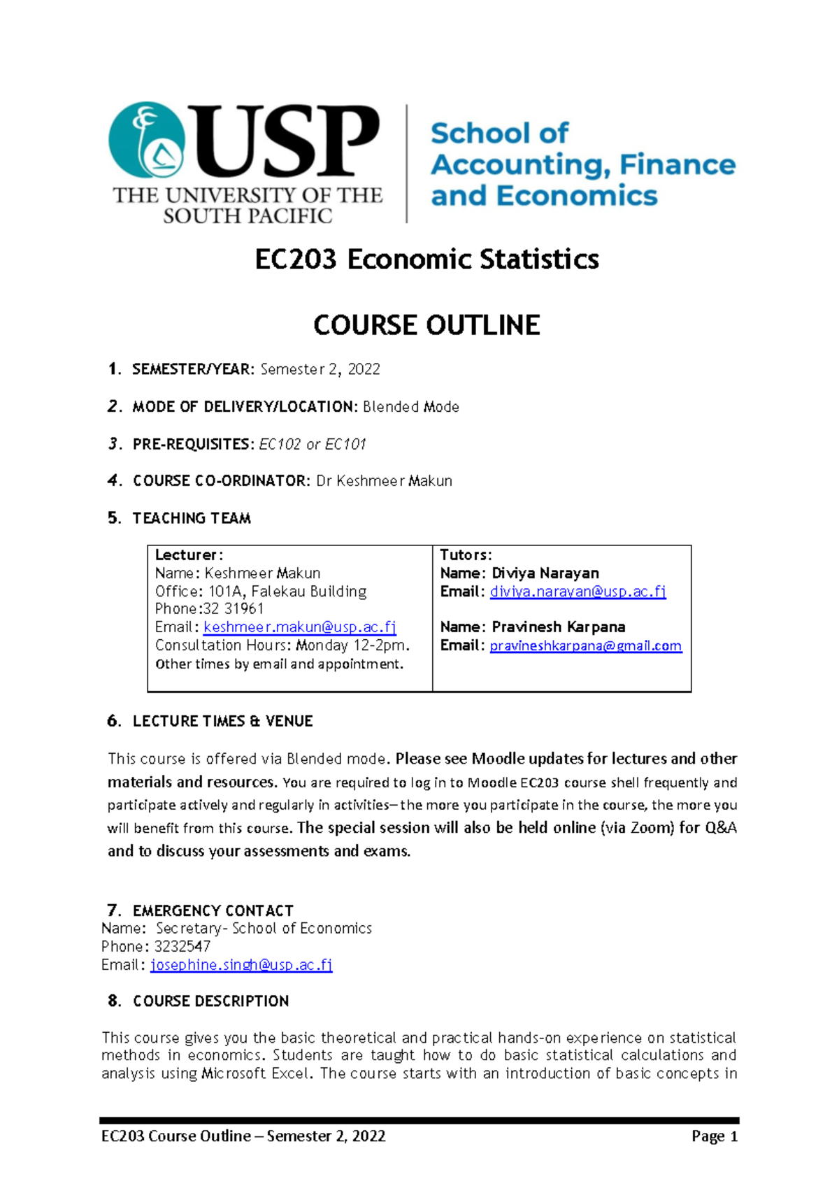 EC203 Course Outline S2 2022 - EC203 Economic Statistics COURSE OUTLINE ...