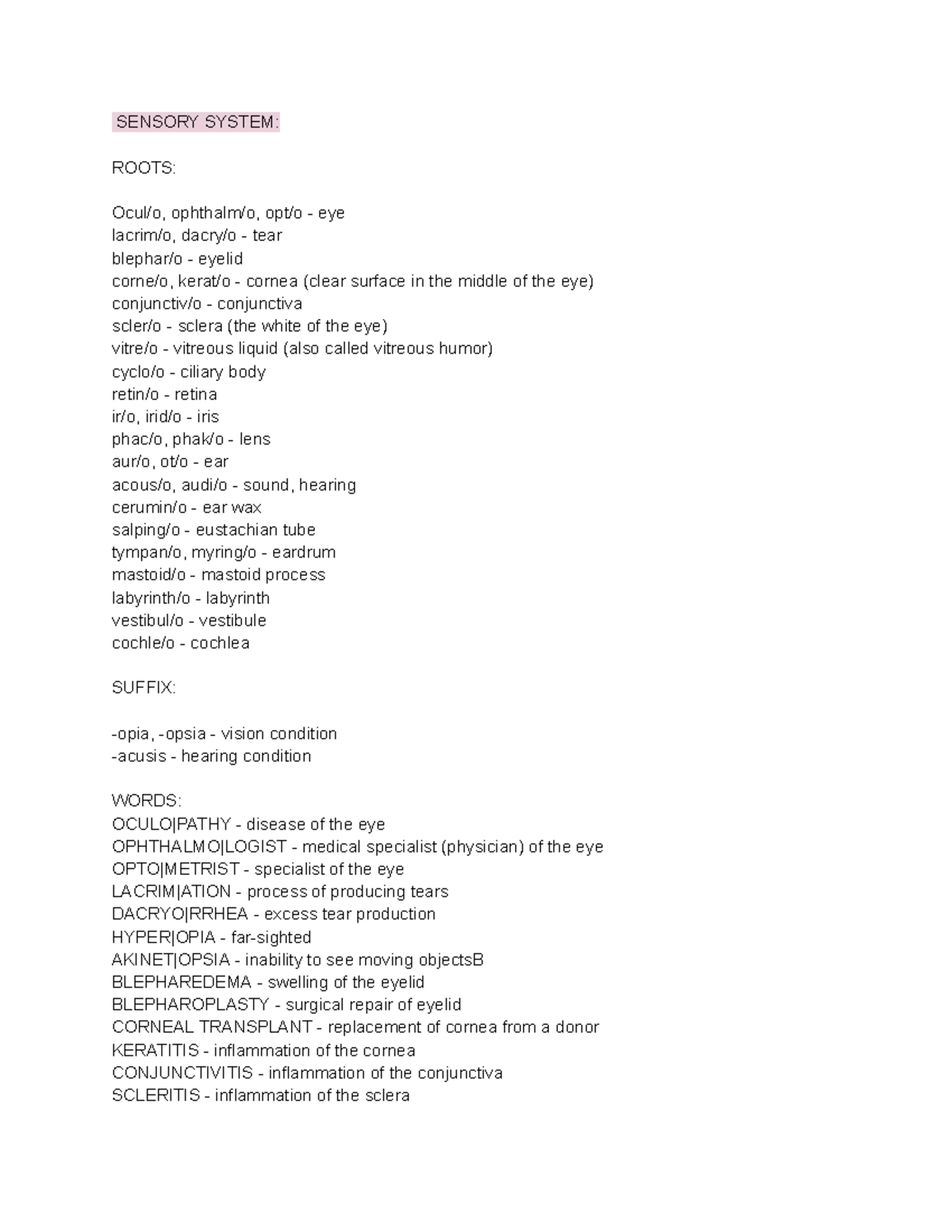 MED TERM CHP 6: SENSORY SYSTEM TERMINOLOGY & DEFINITIONS - Studocu