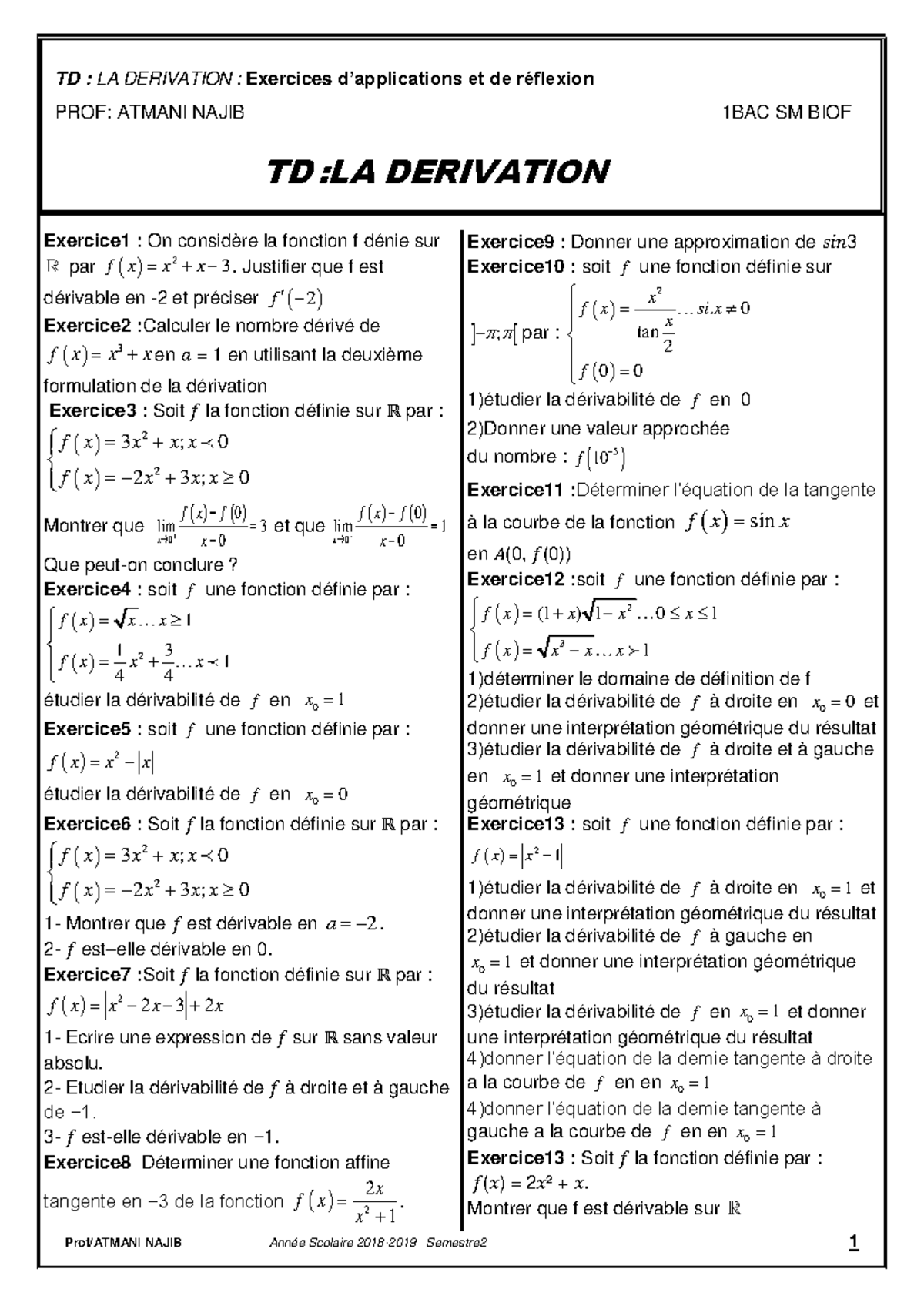TD : LA DERIVATION - Série d'Exercices 1 par Atmani Najib 1BAC SM BIOF ...