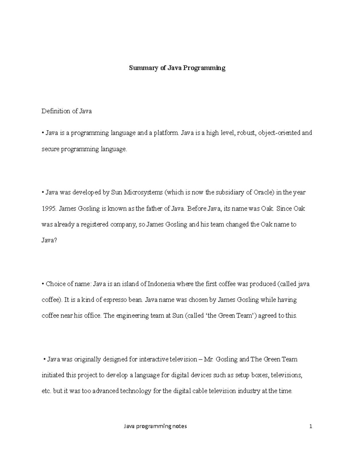 Summary of Java Programming - Summary of Java Programming Definition of ...