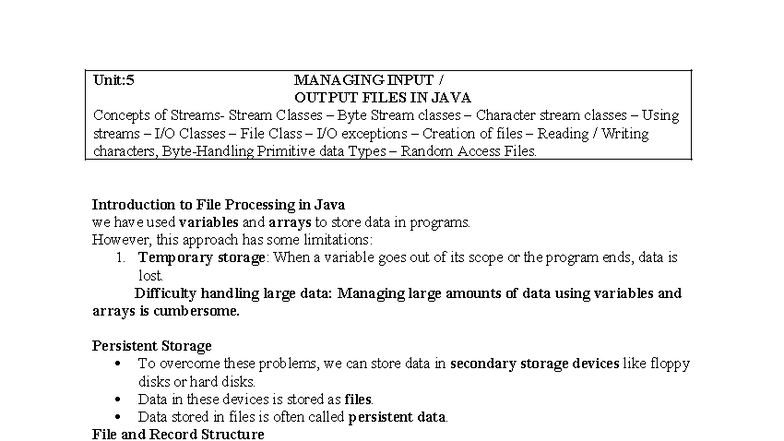 Unit 5: Managing Input/Output Files in Java - Stream Classes & File ...