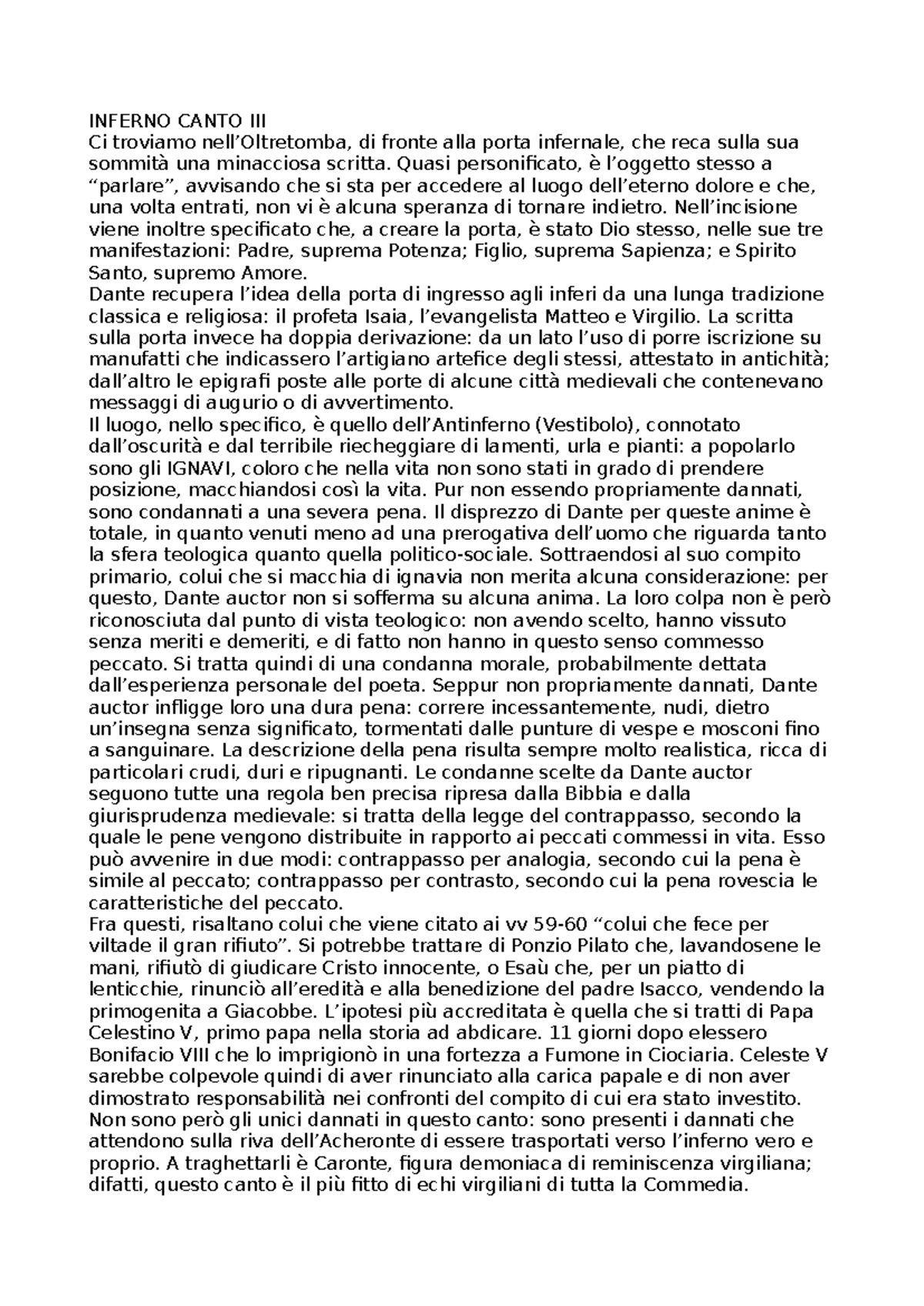Inferno Canto III: La Porta degli Inferi e gli Ignavi - Studocu