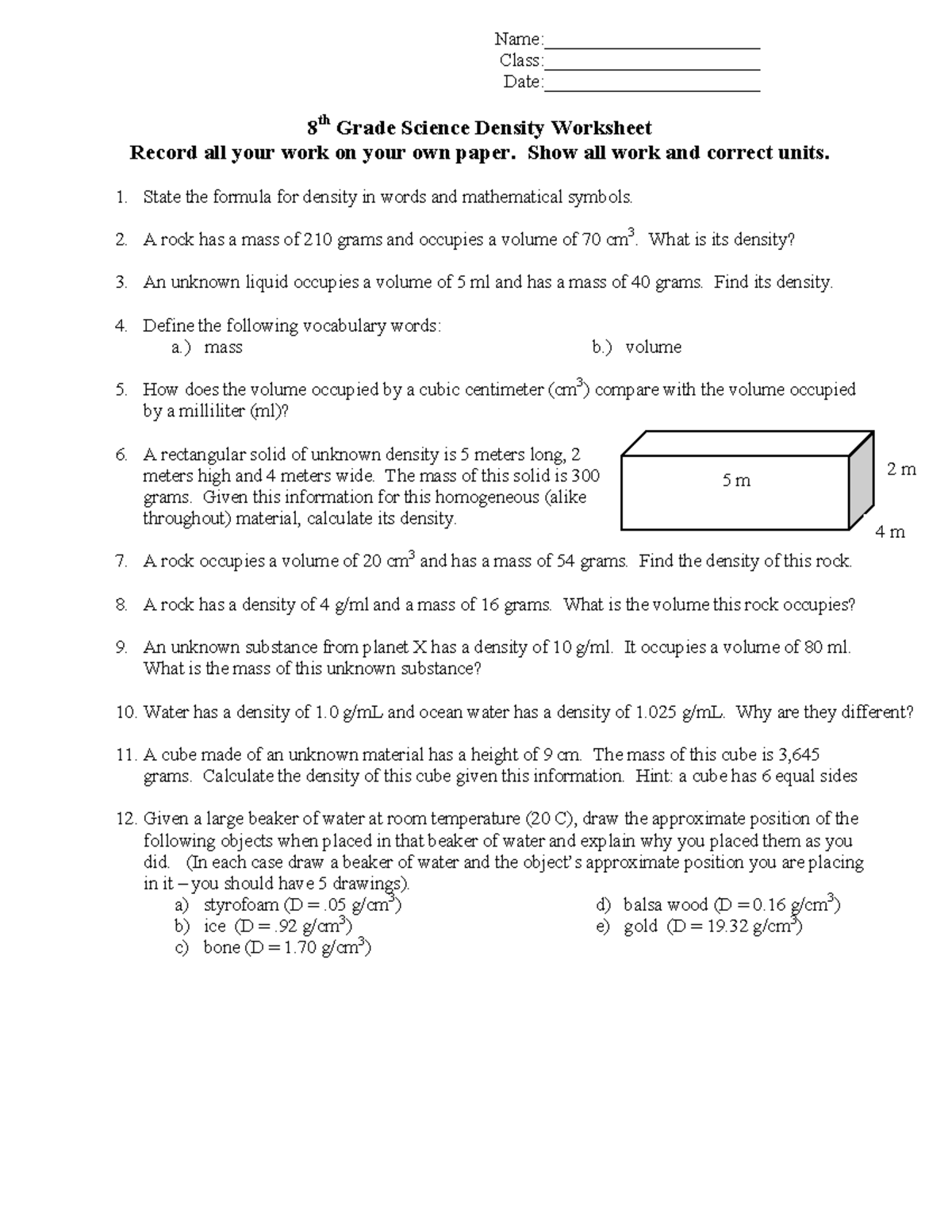 8th Grade Science Density Worksheet - Concepts & Calculations - Studocu