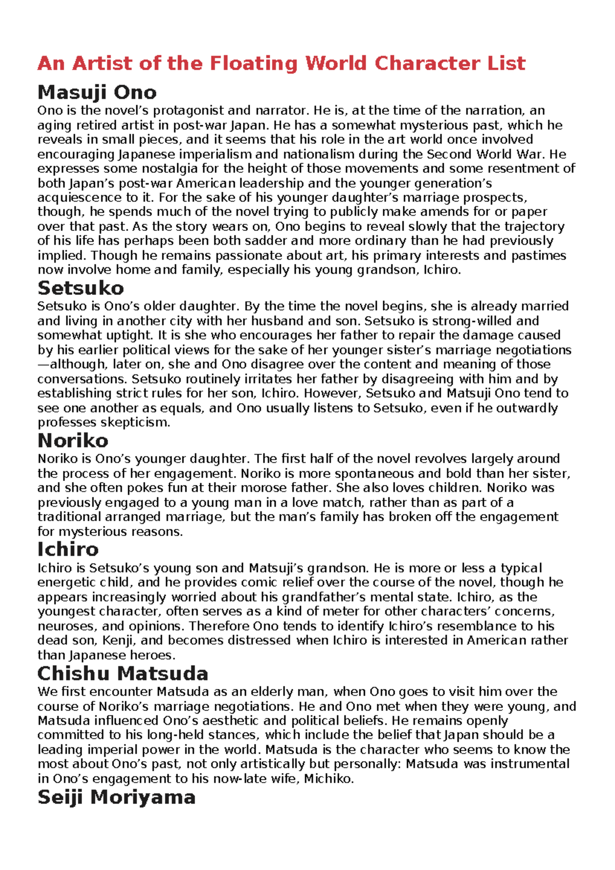 Character List for `An Artist of the Floating World` (ENG 101) - Studocu