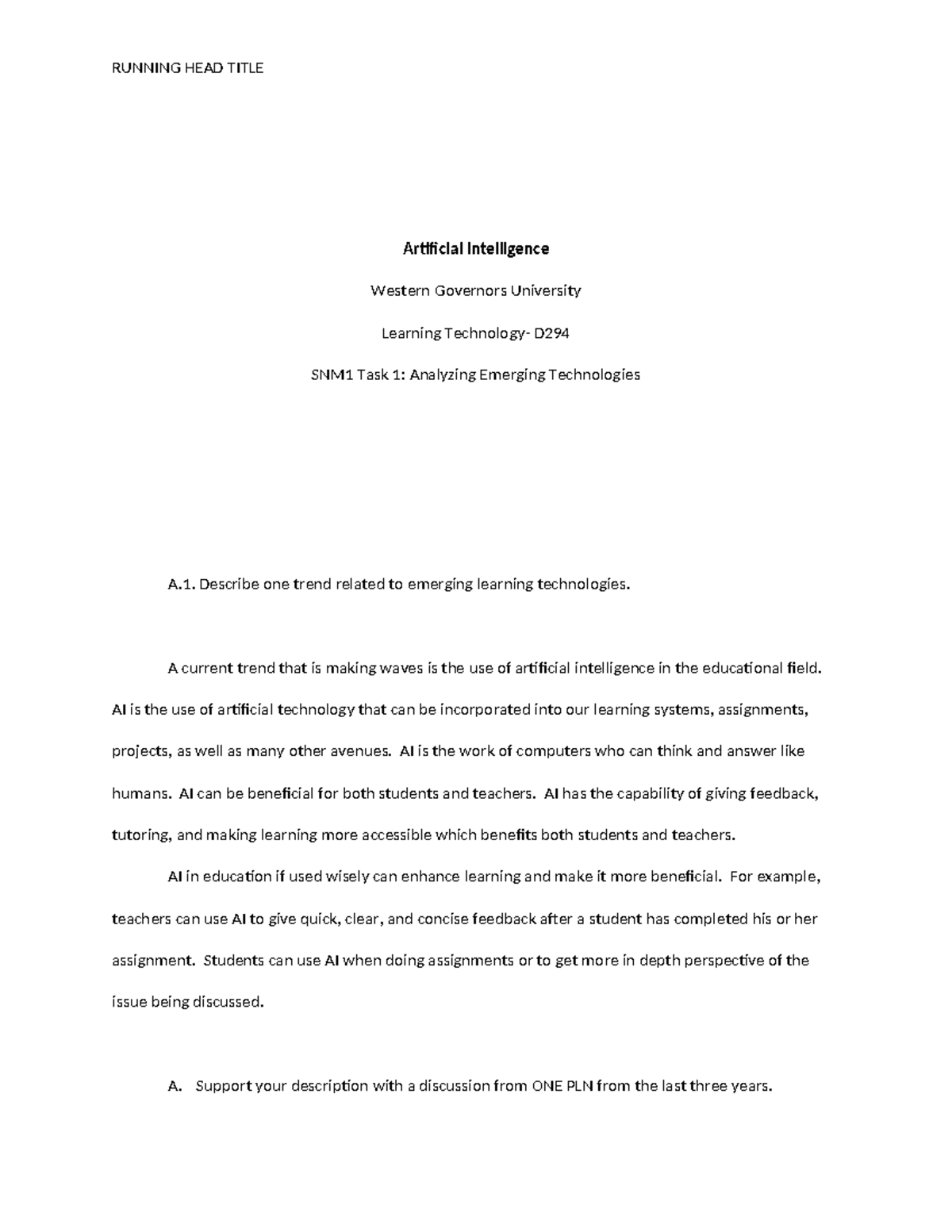 D294- Task 1 - D294- Task 1 - Artificial Intelligence Western Governors ...