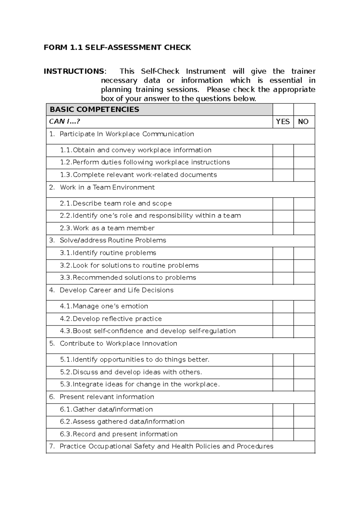 Bpp Ncii Self Assessment Checklist Form 1 Self Assessment Check Instructions This Self