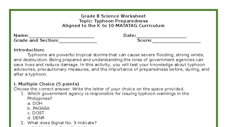 Grade 8 Science Worksheet: Typhoon Preparedness (K to 10) - Studocu